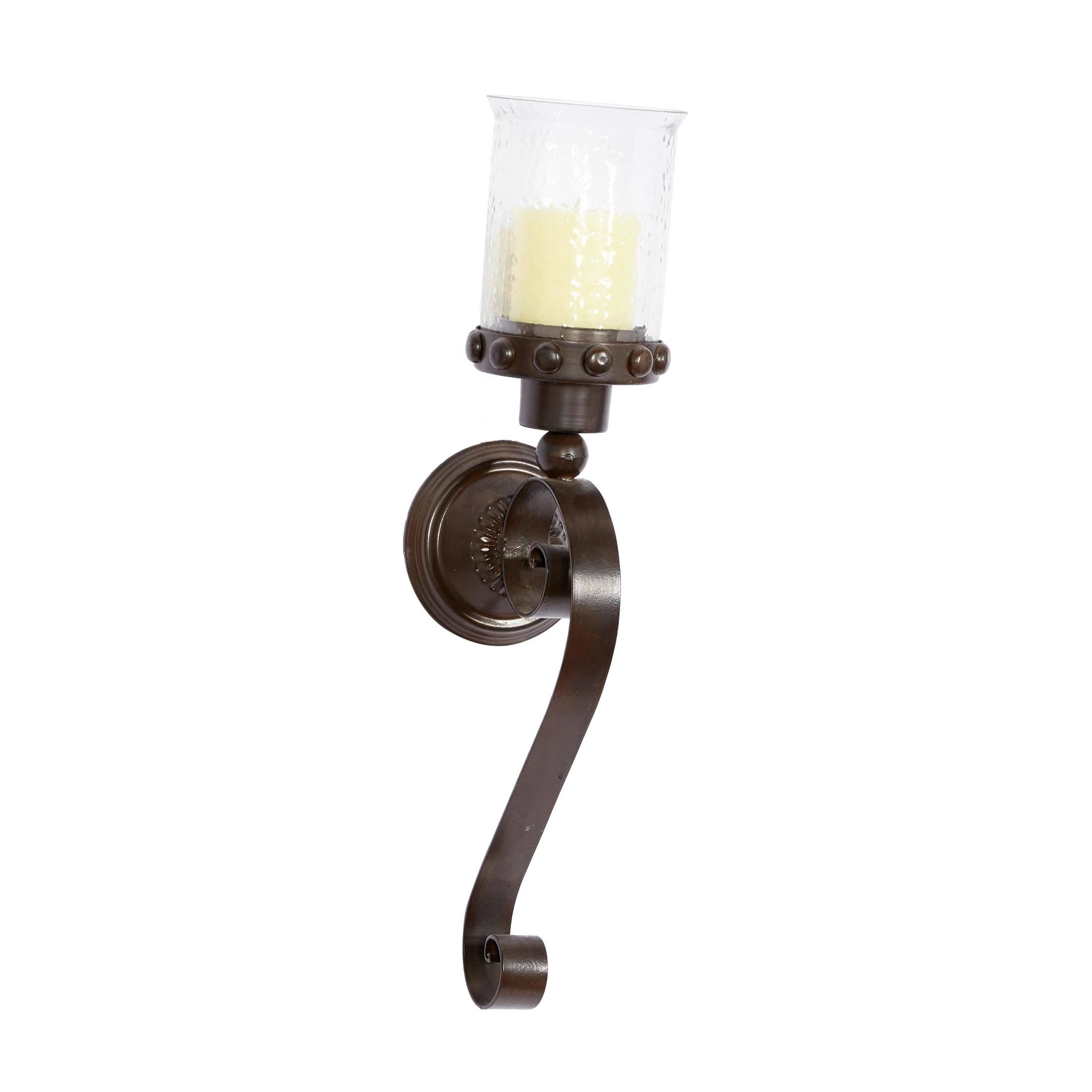 DecMode Brown Metal Pillar Wall Sconce - Iron & Glass Candle Holder ...