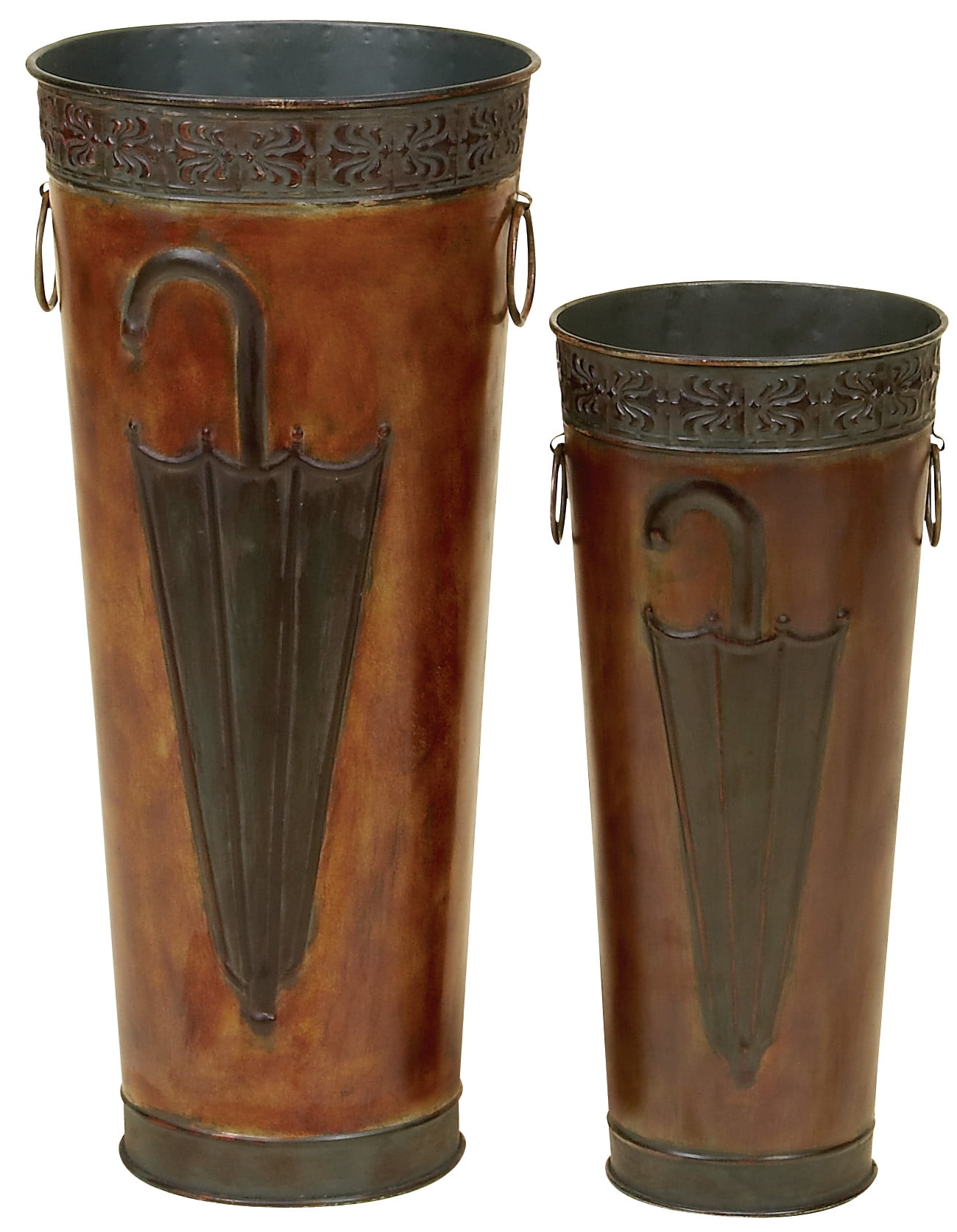 DecMode Brown Metal Umbrella Stand with Umbrella Image and Handles (Set ...