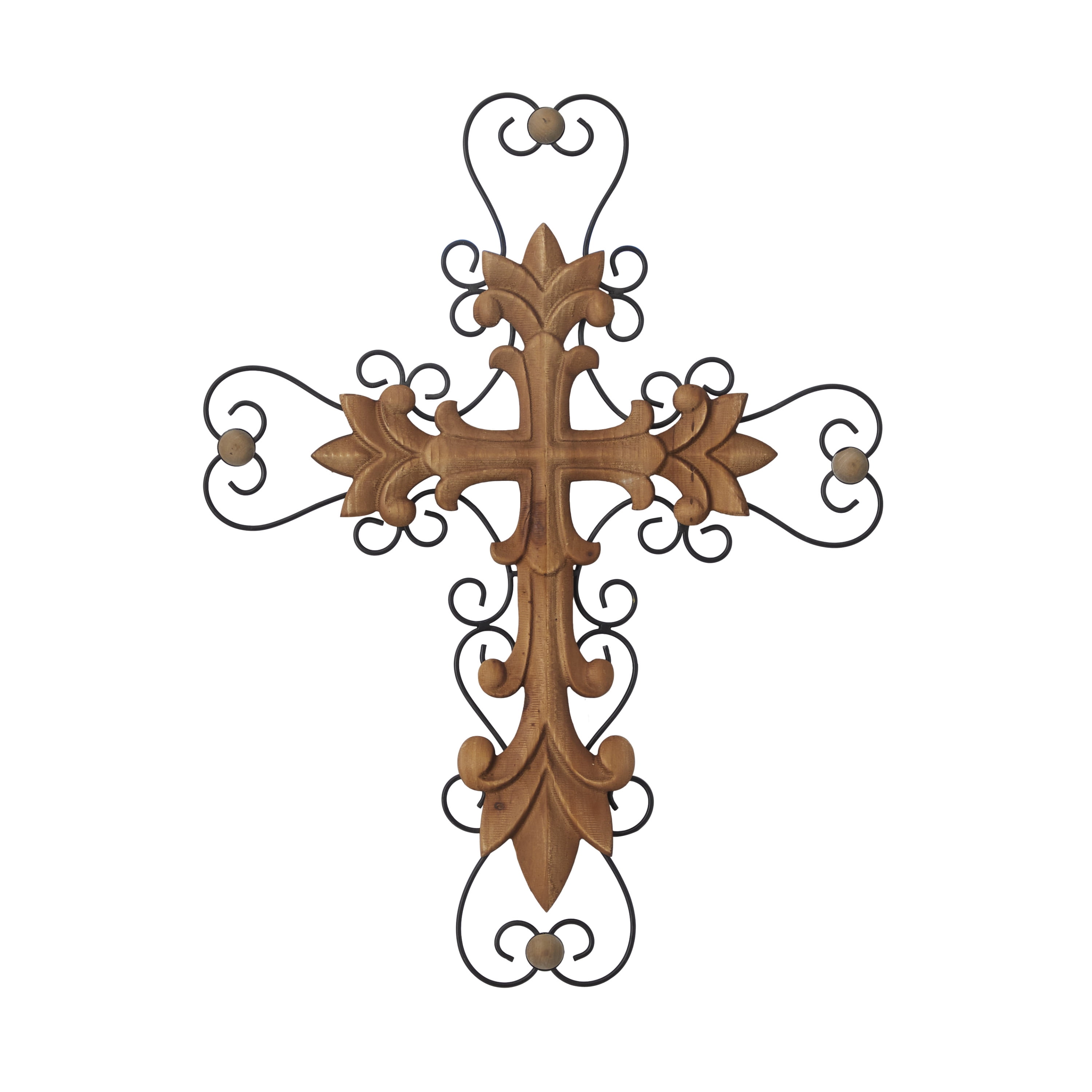 DecMode Brown Wood Carved Cross Wall Decor with Metal Scrollwork ...