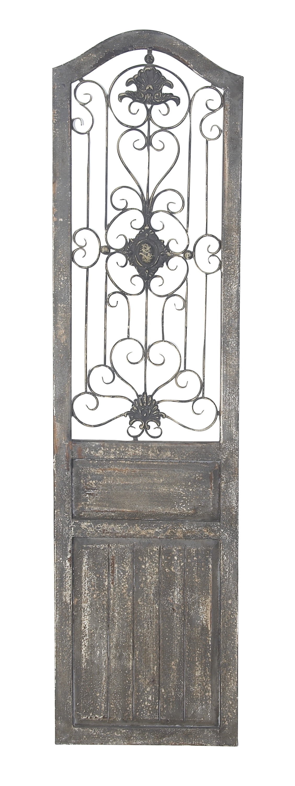 DecMode Brown Wood Distressed Door Inspired Ornamental Scroll Wall ...