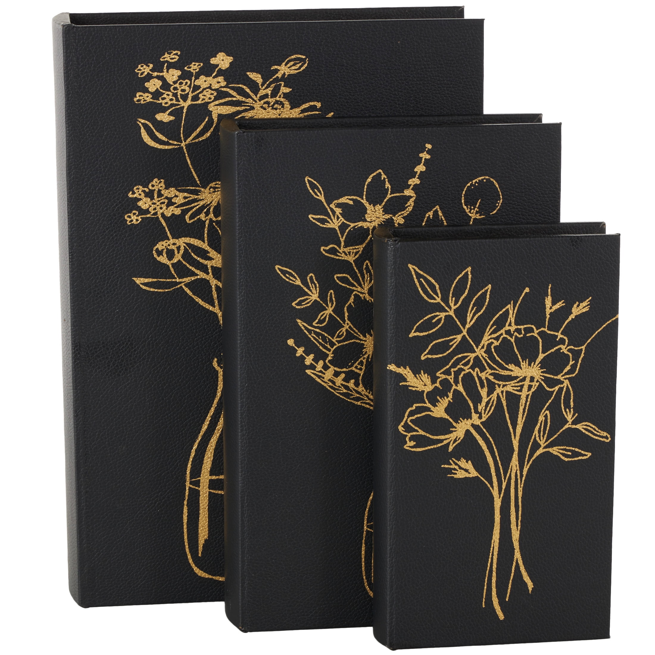 DecMode Floral Faux Book Storage Black Faux Leather Decorative Box Set ...