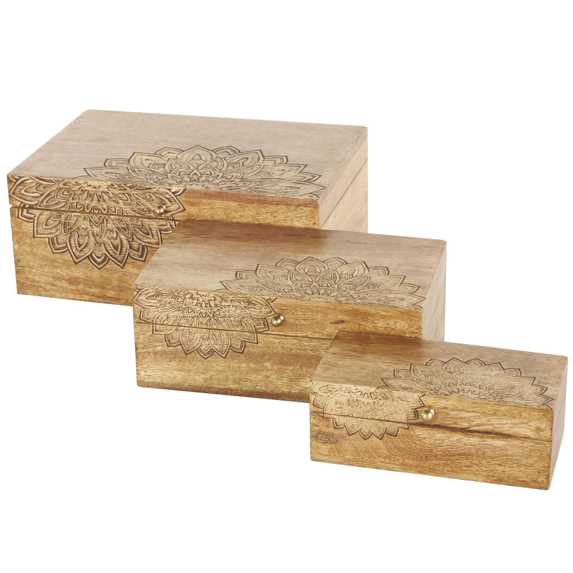 DecMode Floral Handmade Storage Brown Mango Wood Decorative Box with ...