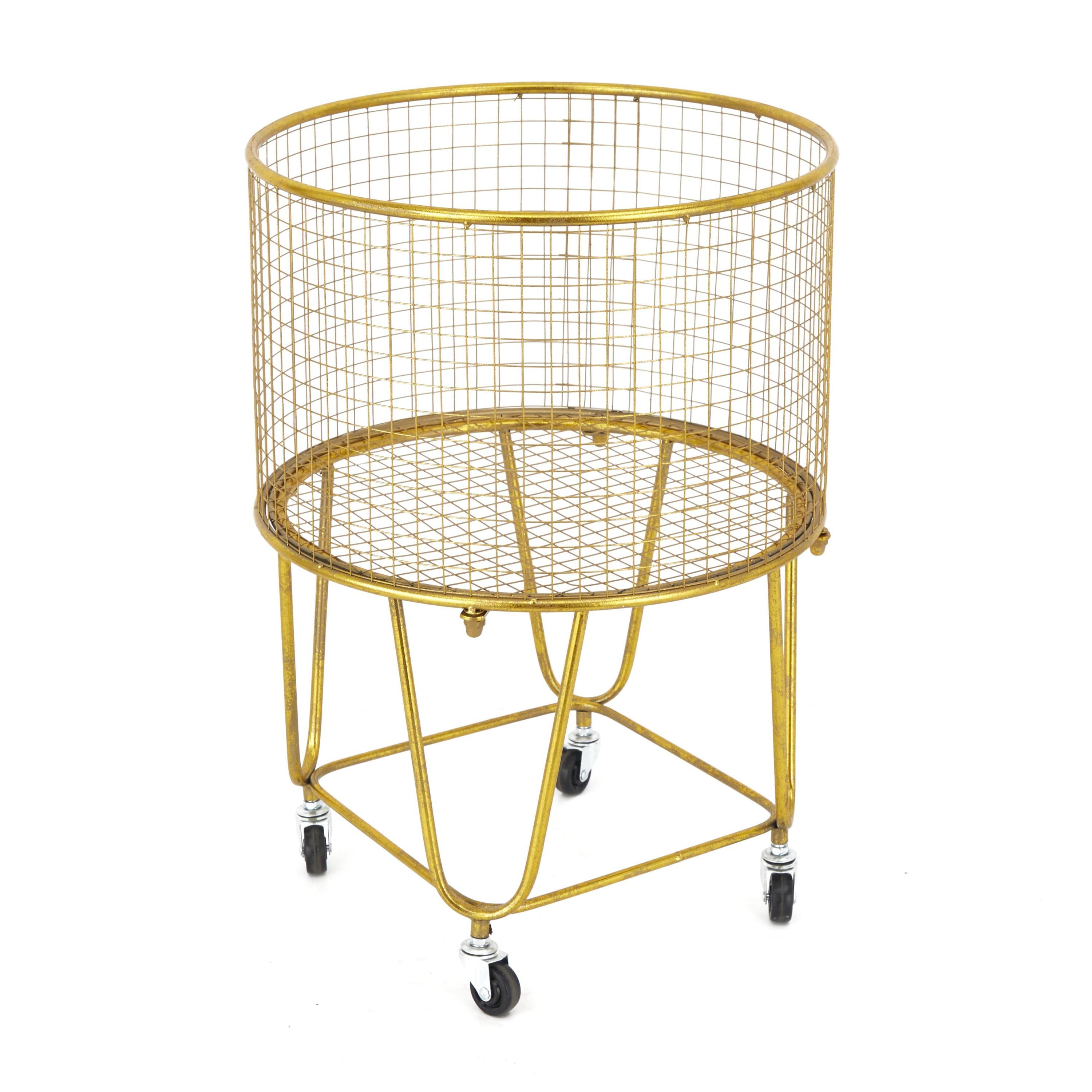 DecMode Gold Metal Deep Set Metal Mesh Laundry Basket Storage Cart with ...