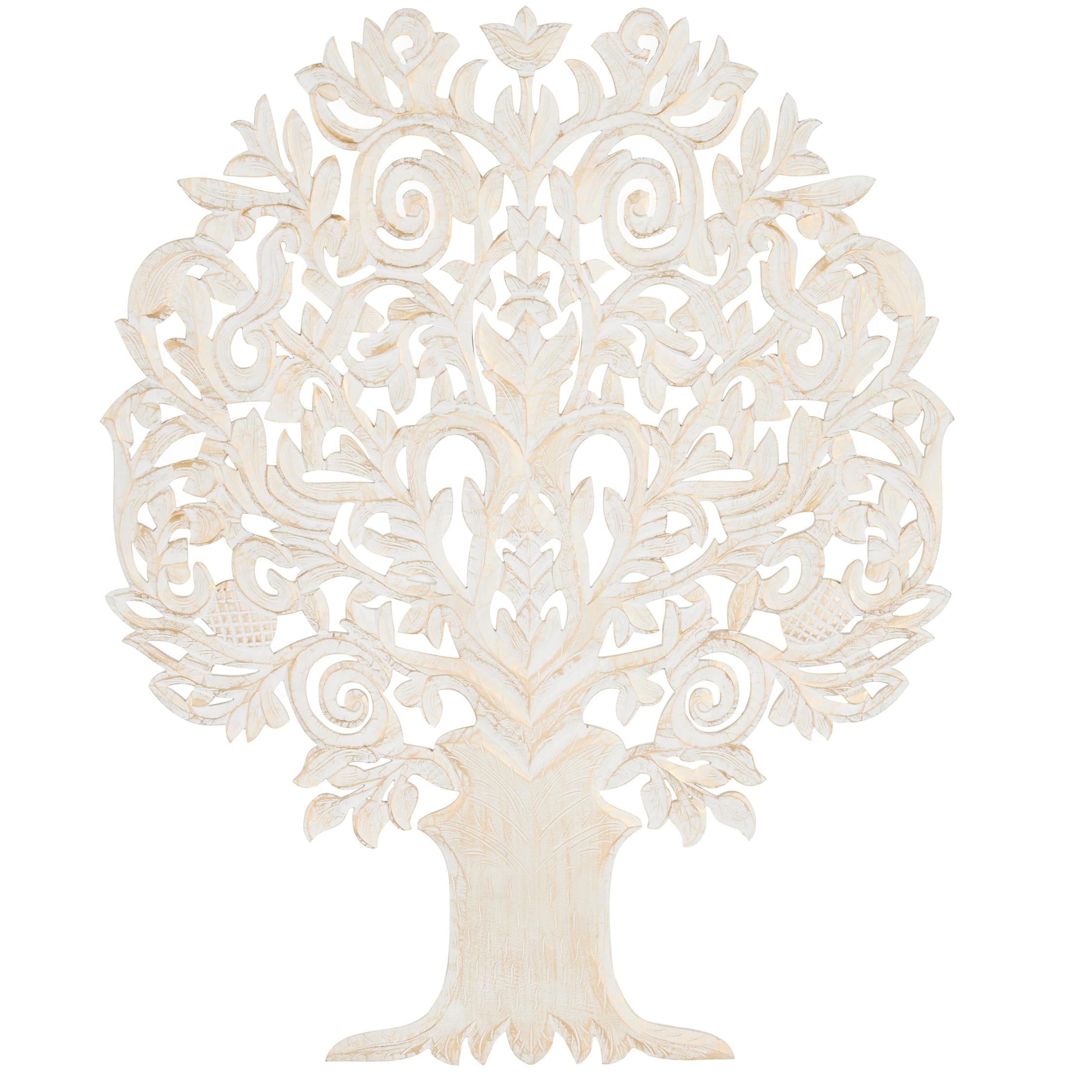 DecMode Gold Wooden Handmade Carved Tree Wall Decor with Scroll Details ...