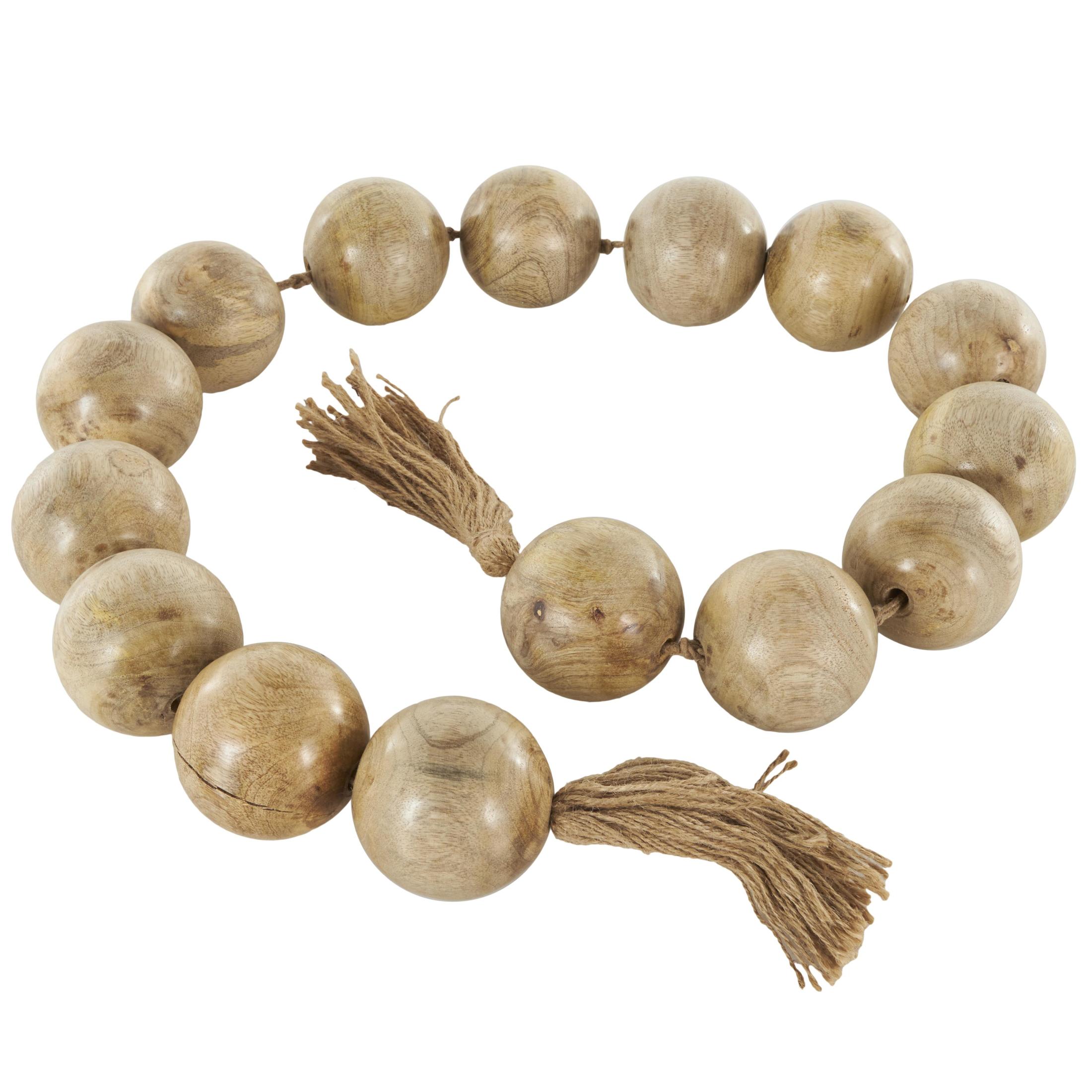DecMode Handmade Round Extra Long Orb Brown Mango Wood Garland with Tassel with Knotted Brown ...