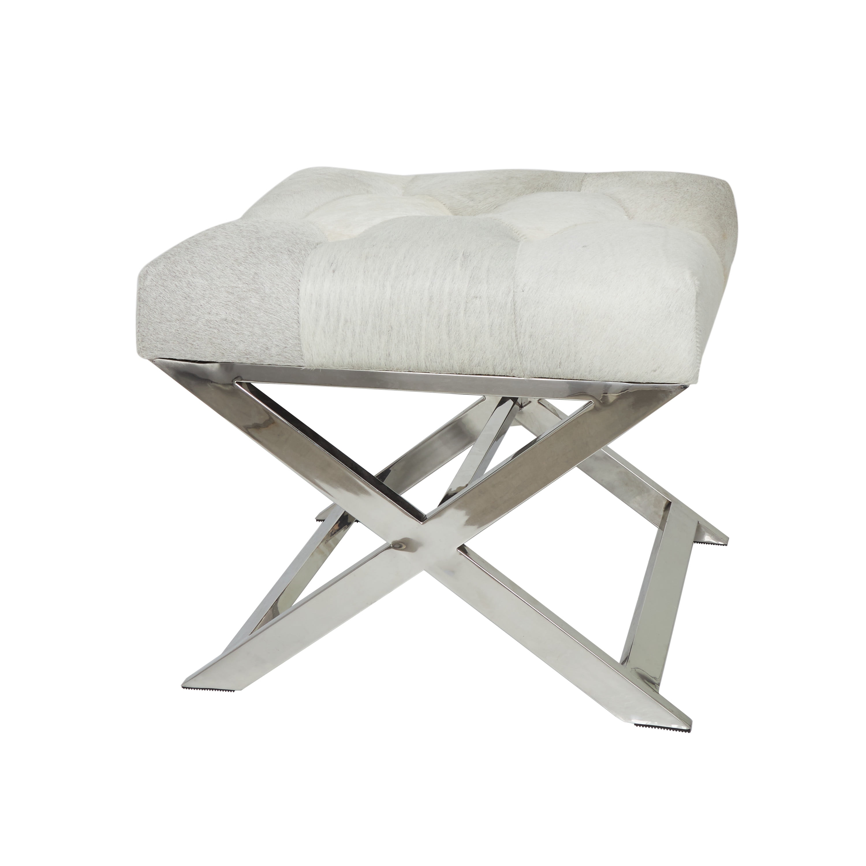 DecMode Leather Geometric Tufted Stool with Angled Silver Metal Base ...