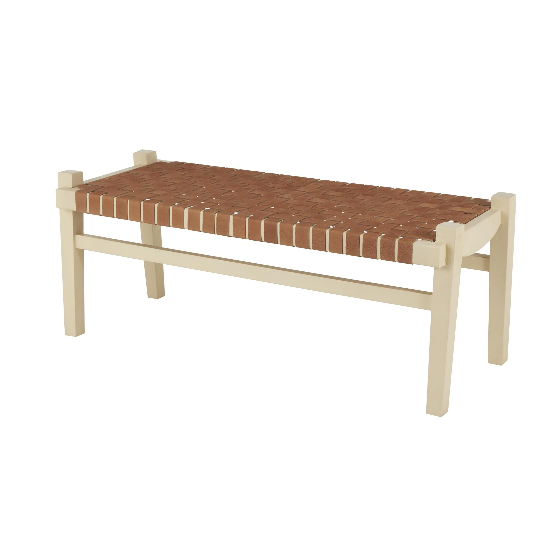 DecMode Leather Handmade Woven Seat Bench with Beige Wood Base, Brown ...