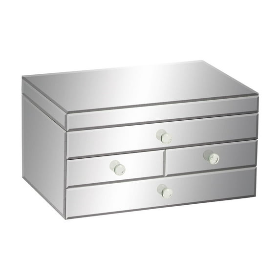 DecMode Silver Glass Mirrored 4 Drawer Decorative Jewelry Box with Flip ...
