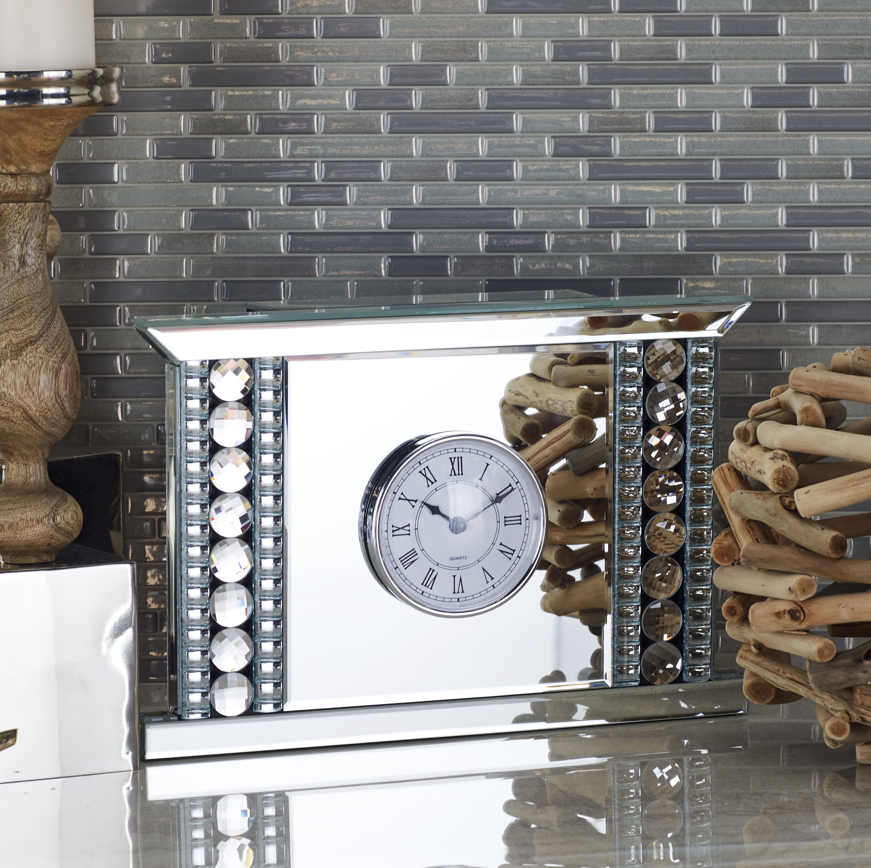 DecMode Modern 10 x 14 inch mirror and wood rectangular table clock ...