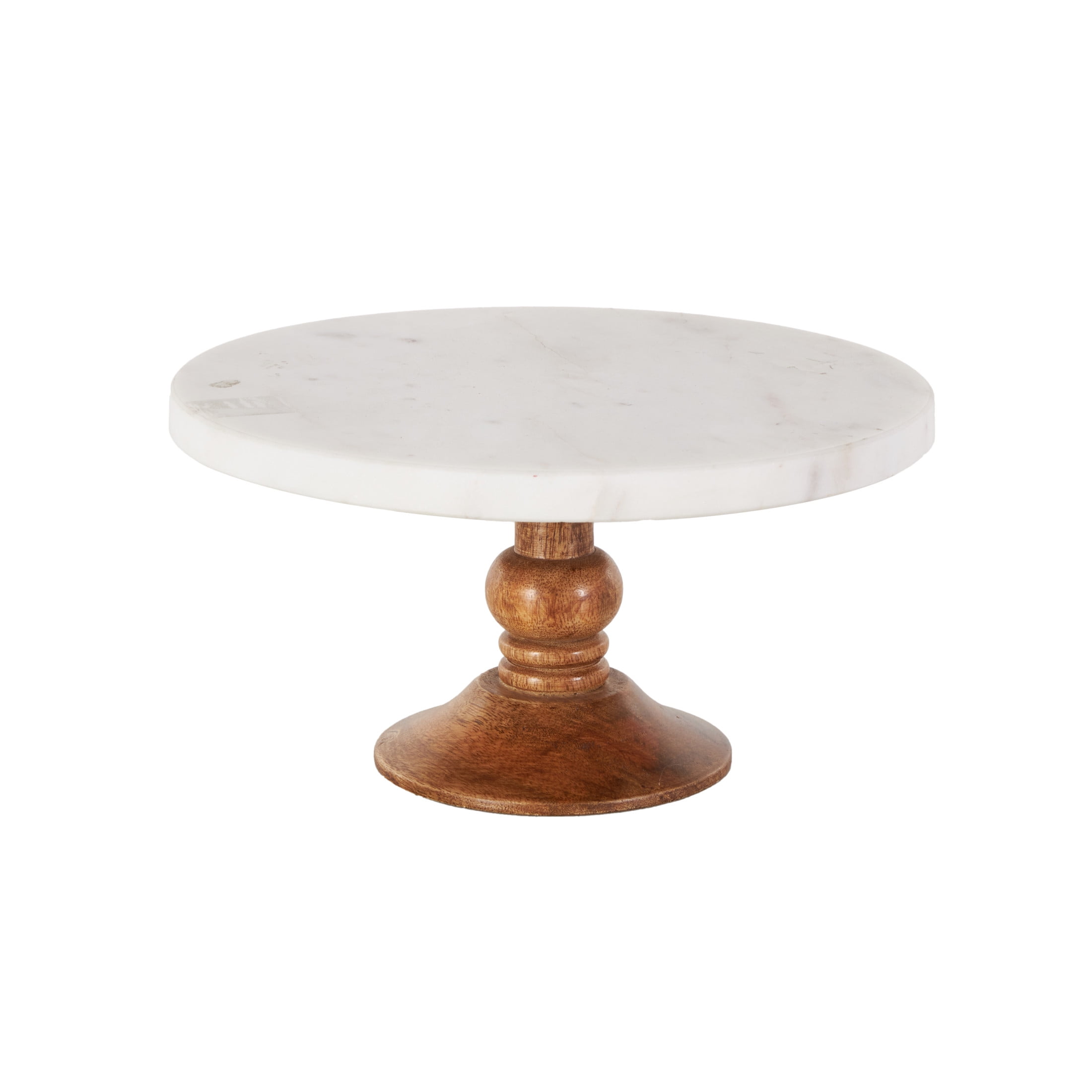 DecMode Modern Round Marble Cake Stand with Carved Wood Base and White ...