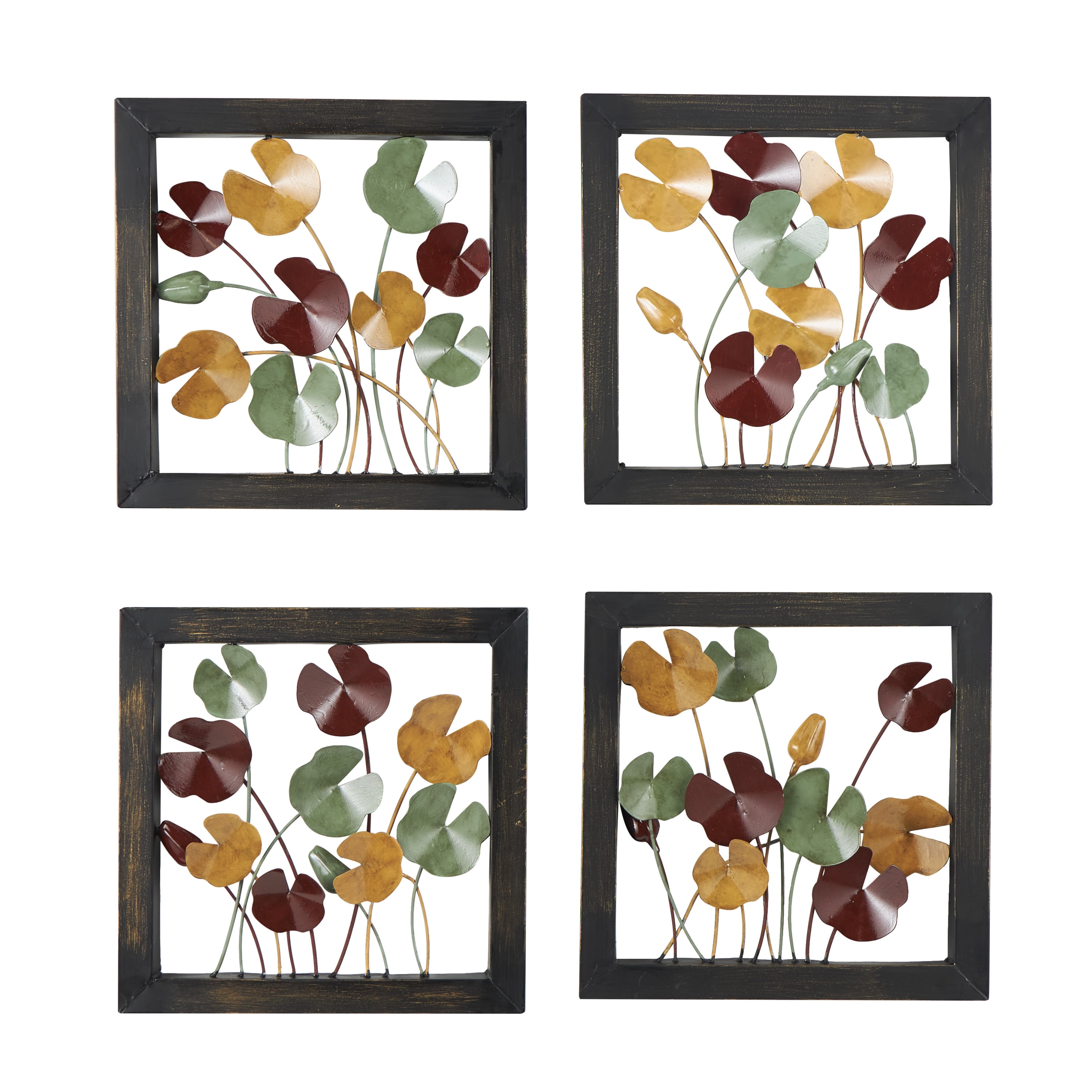 DecMode Multi Colored Metal Floral Wall Decor with Black Frame (4 Count ...