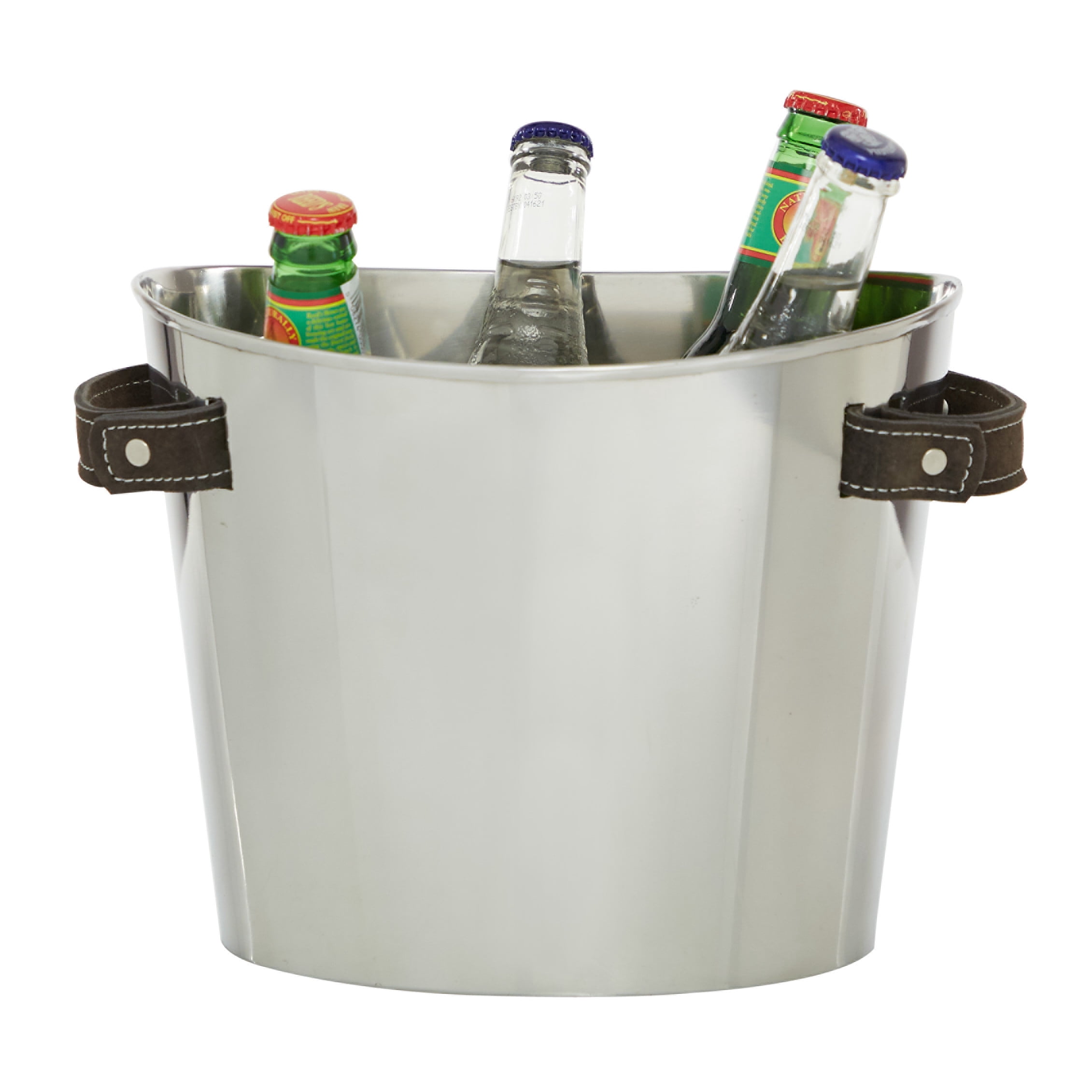 DecMode Round Stainless Steel 6 Bottles Silver Ice Bucket with Leather ...
