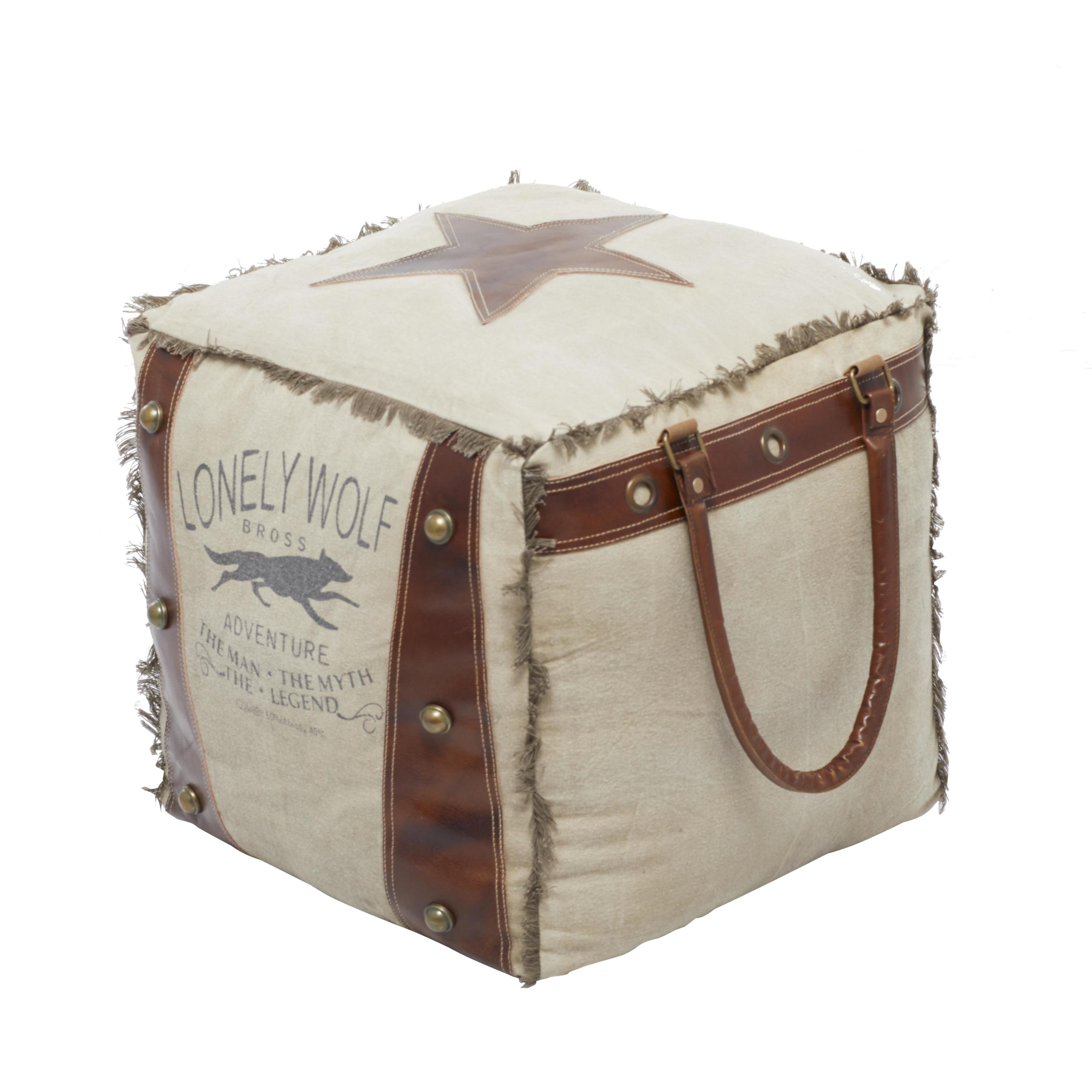 Free Shipping! DecMode Rustic White Canvas Pouf Ottoman with Leather ...