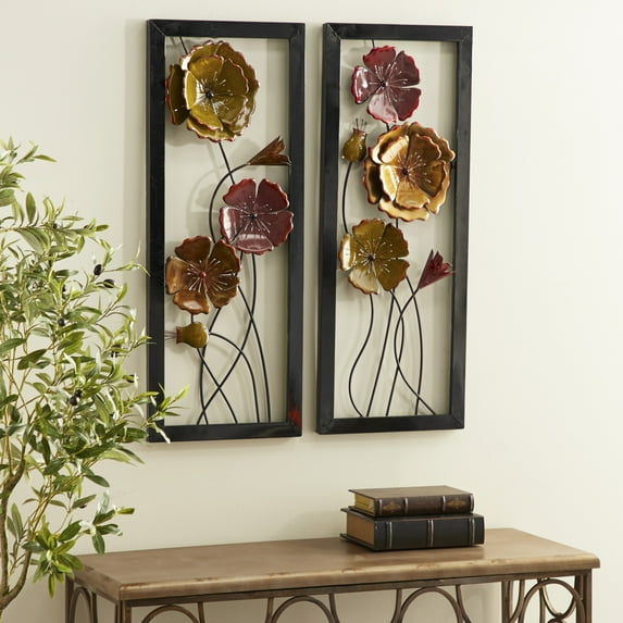 DecMode Set of 2 eclectic 36 x 14 inch rectangular framed flowers wall ...