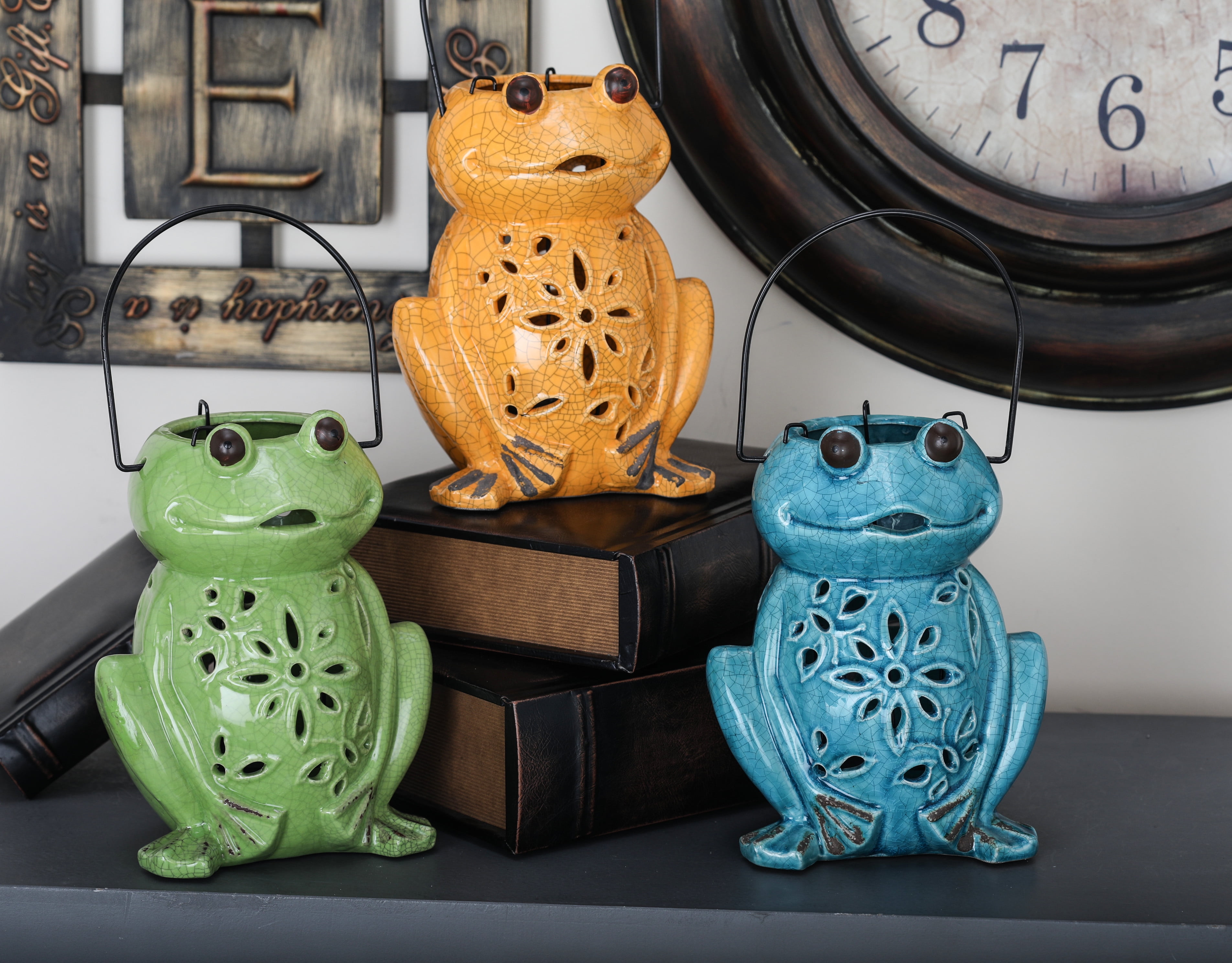 DecMode Set of 3 Eclectic 13 Inch Decorative Ceramic Frog Lanterns ...