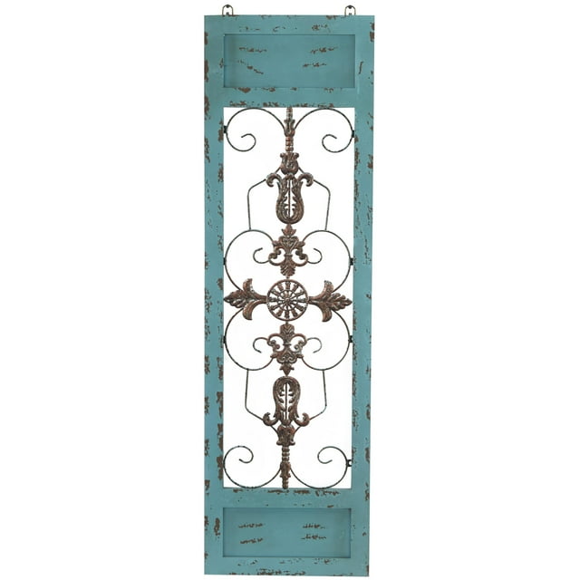 DecMode Teal Wood Arabesque Scroll Wall Decor with Metal Fleur De Lis ...