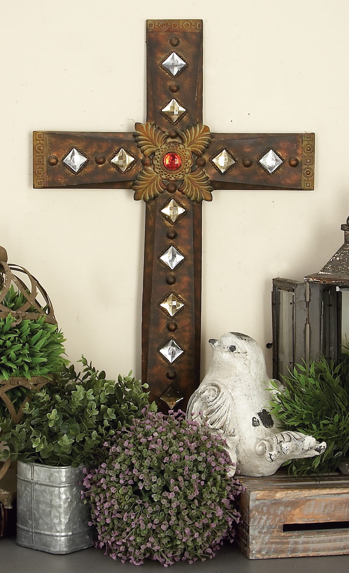 DecMode Traditional Metal Cross Shaped Wall Décor with Embedded Acrylic ...