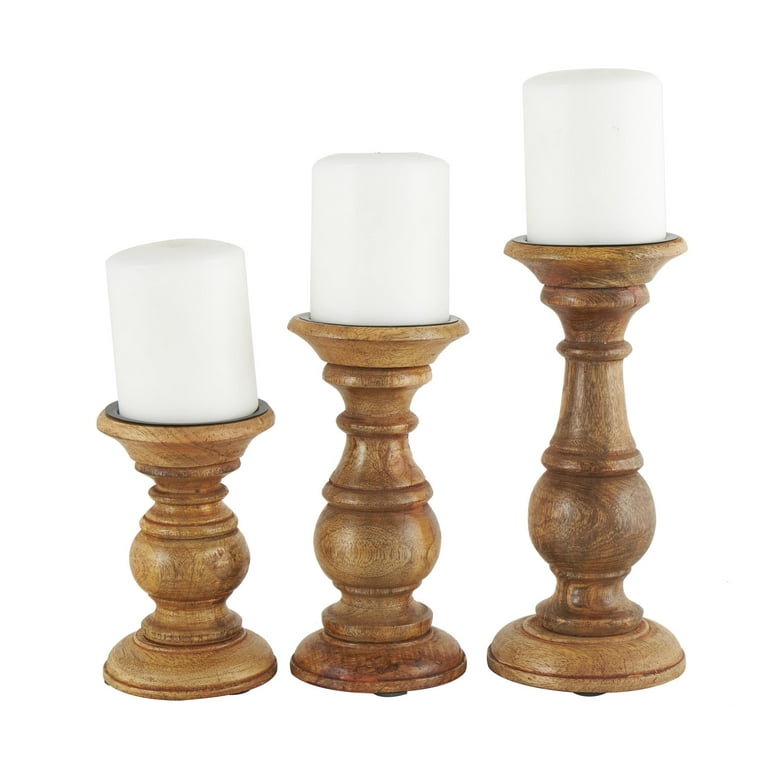 DecMode Traditional and Timeless Mango Wood Pillar Candle Holder Set of 3 4