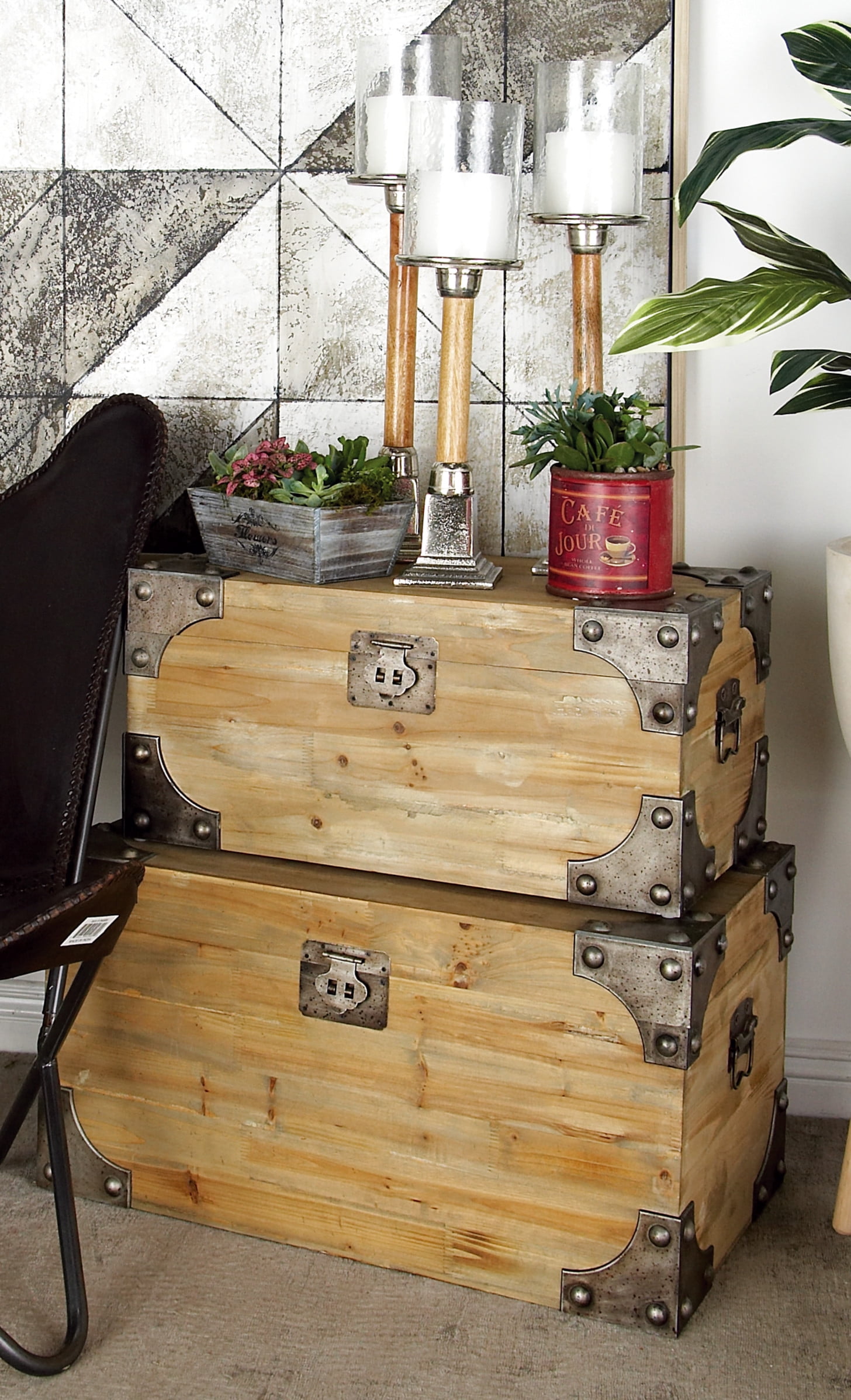 DecMode Vintage Style Natural Wood Trunks with Decorative Silver ...