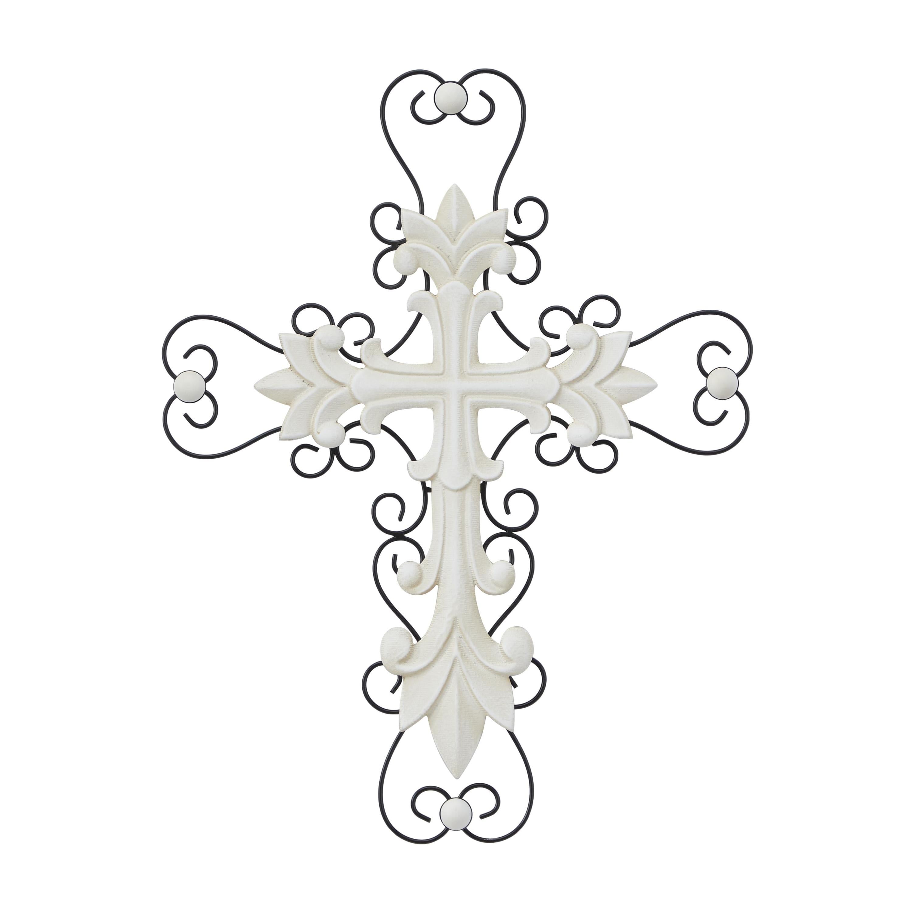 DecMode White Wood Carved Cross Cross Wall Decor with Metal Scrollwork ...