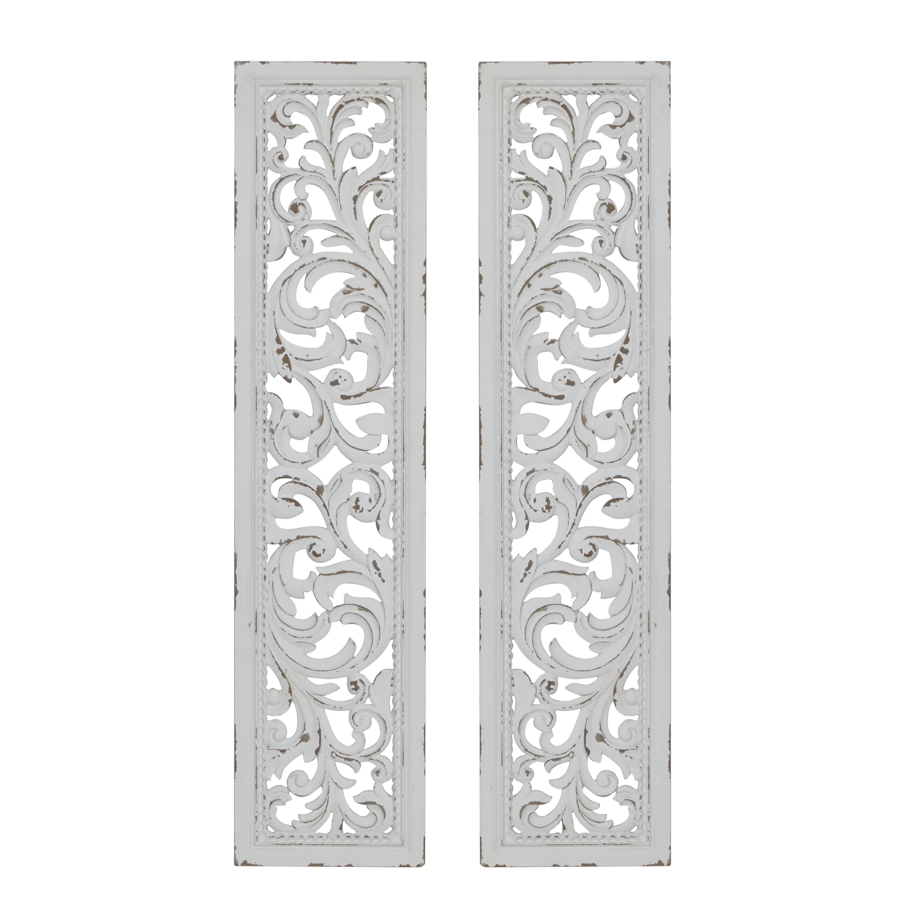 DecMode White Wood Intricately Carved Scroll Floral Wall Decor (2 Count ...