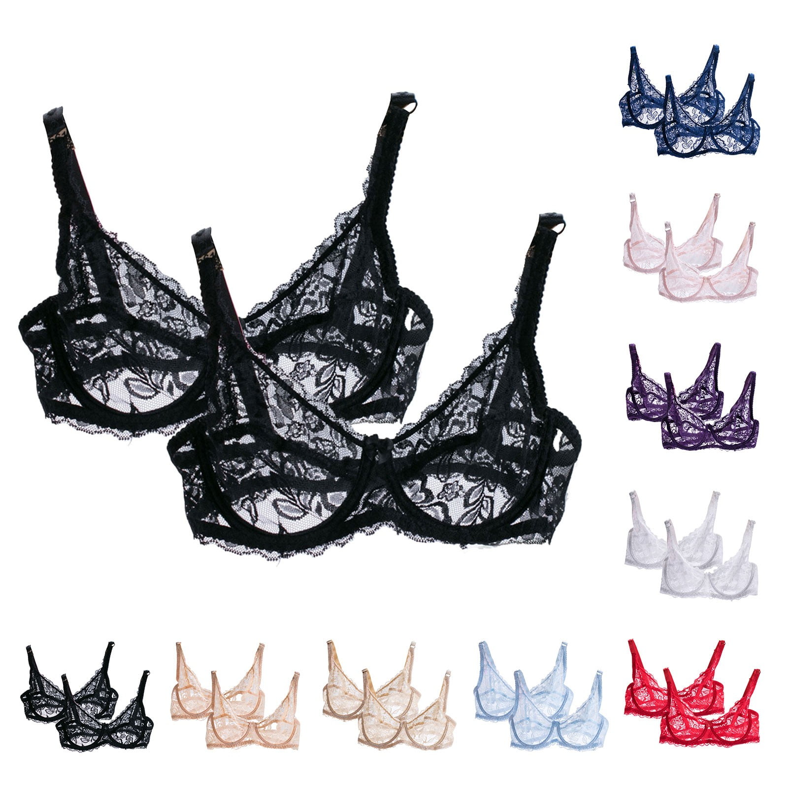 DecSea 2PC Sexy Sheer See Through Bras Unlined Underwire Lace Mesh Non ...