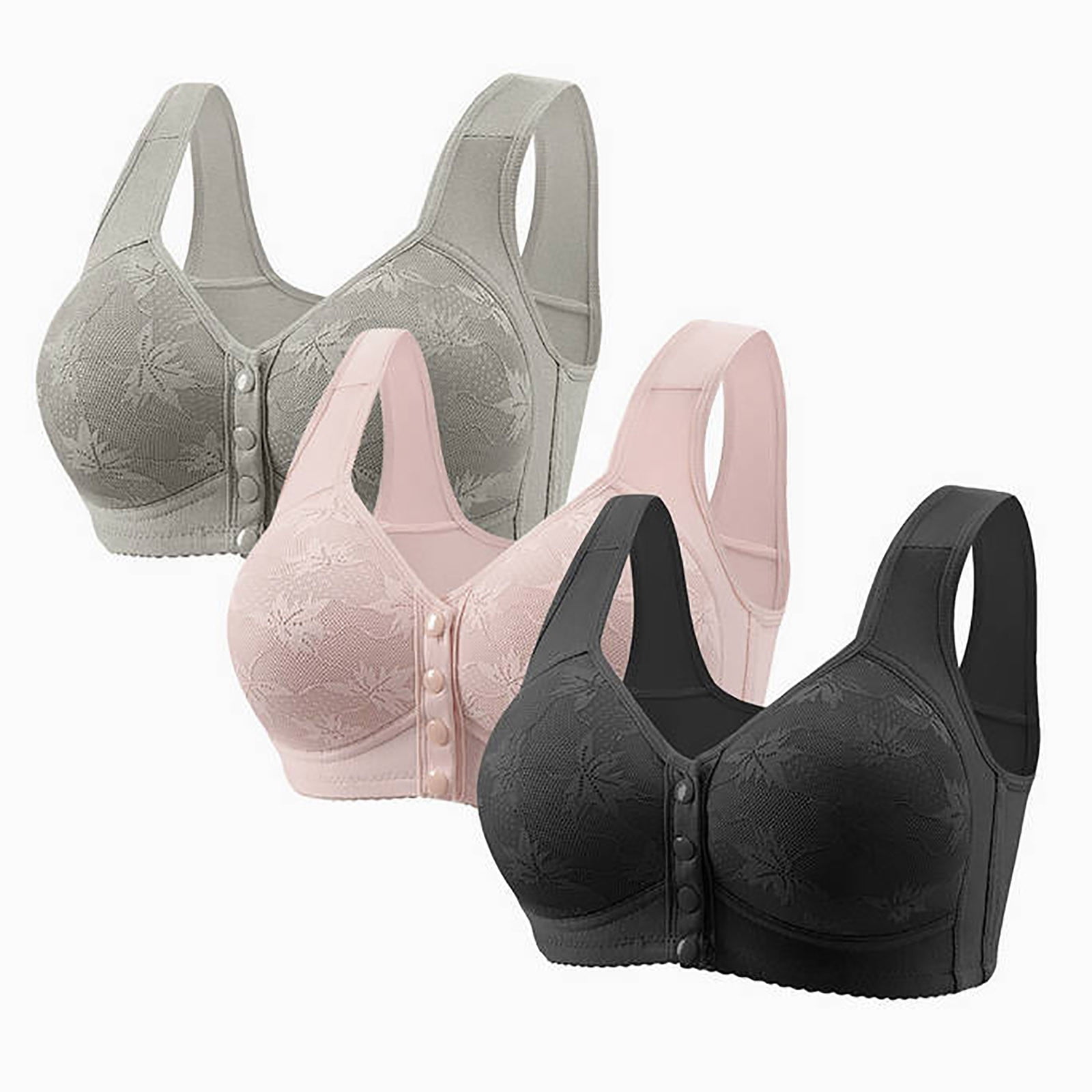 DecSea 3-Pack Daisy Bras for Older Women Front Closure Wireless Push Up ...