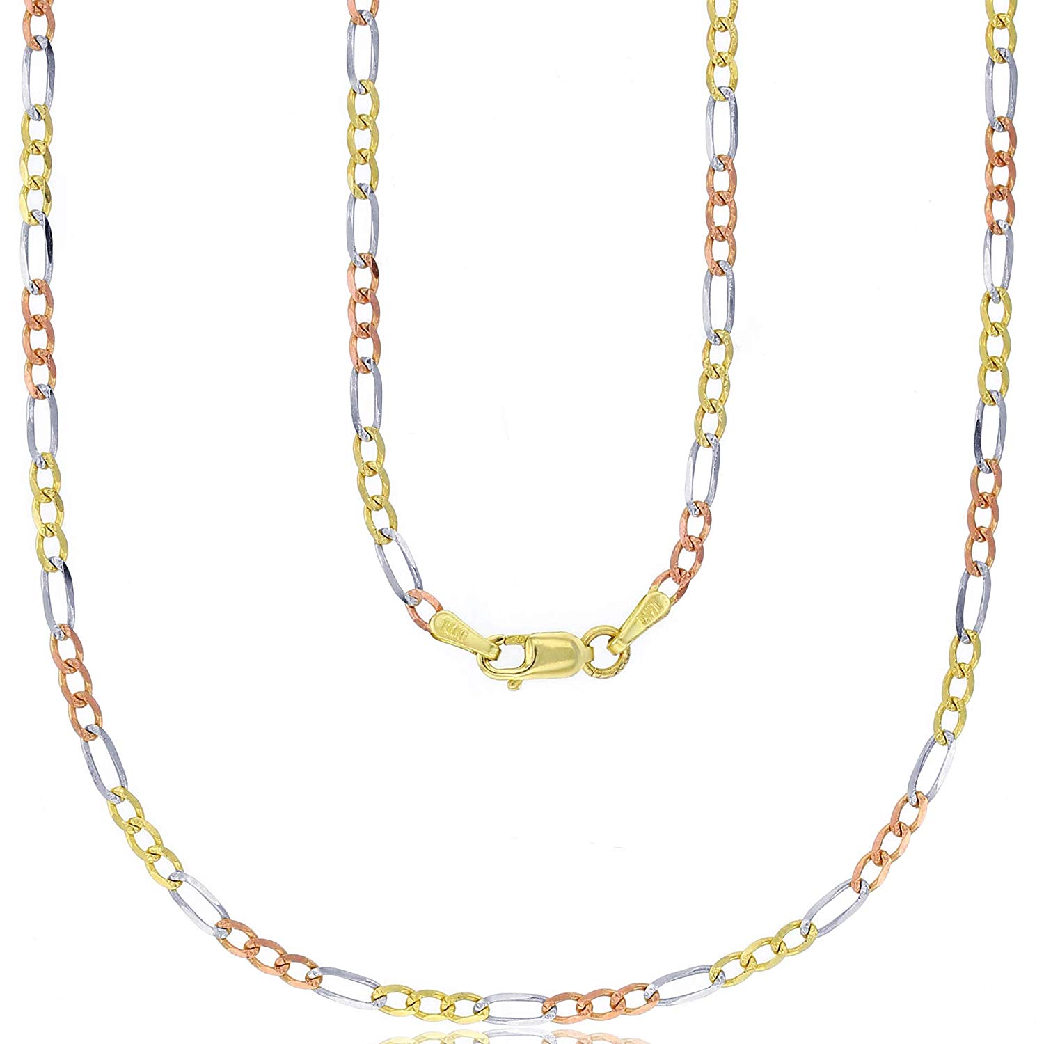 Decadence 14K Gold Solid Tricolor 2mm-8mm Pave Figaro Link Chain ...