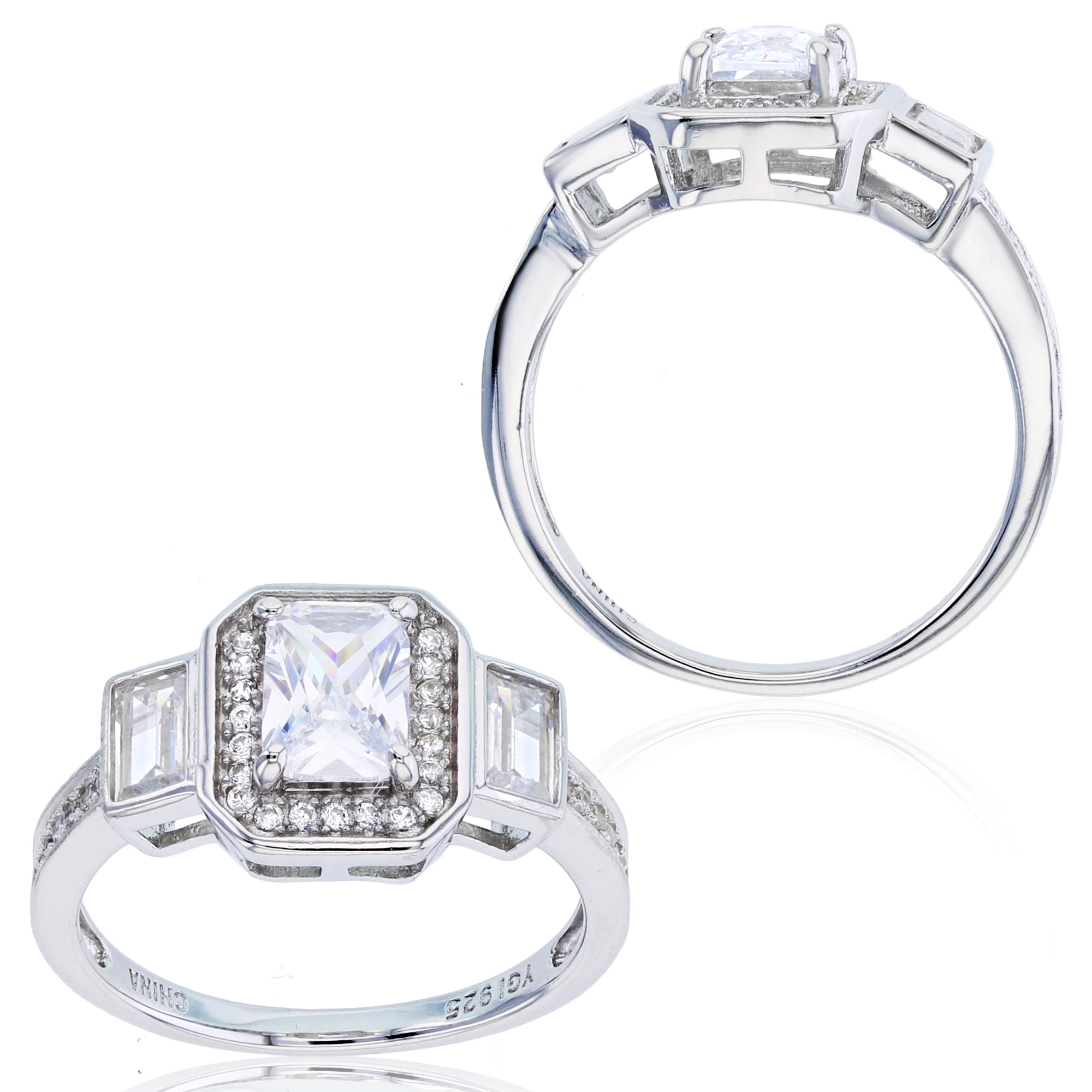 Decadence Sterling Silver Rhodium Emerald Cut Pave Halo Baguette ...