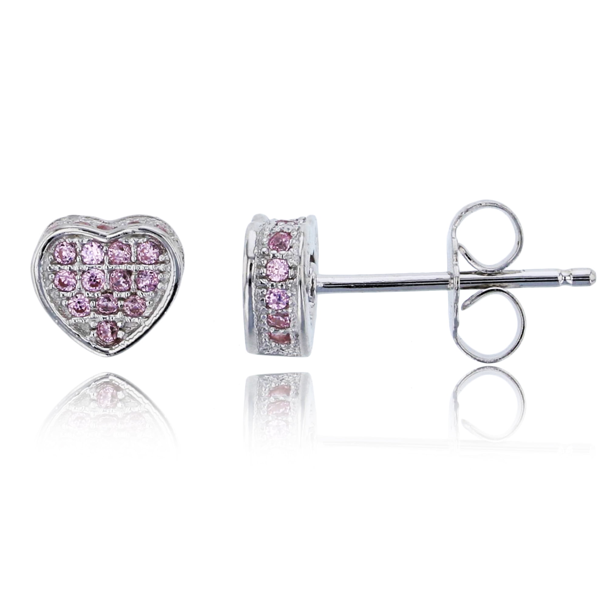 Decadence Sterling Silver Rhodium Micropave Pink 3D Heart Stud ...