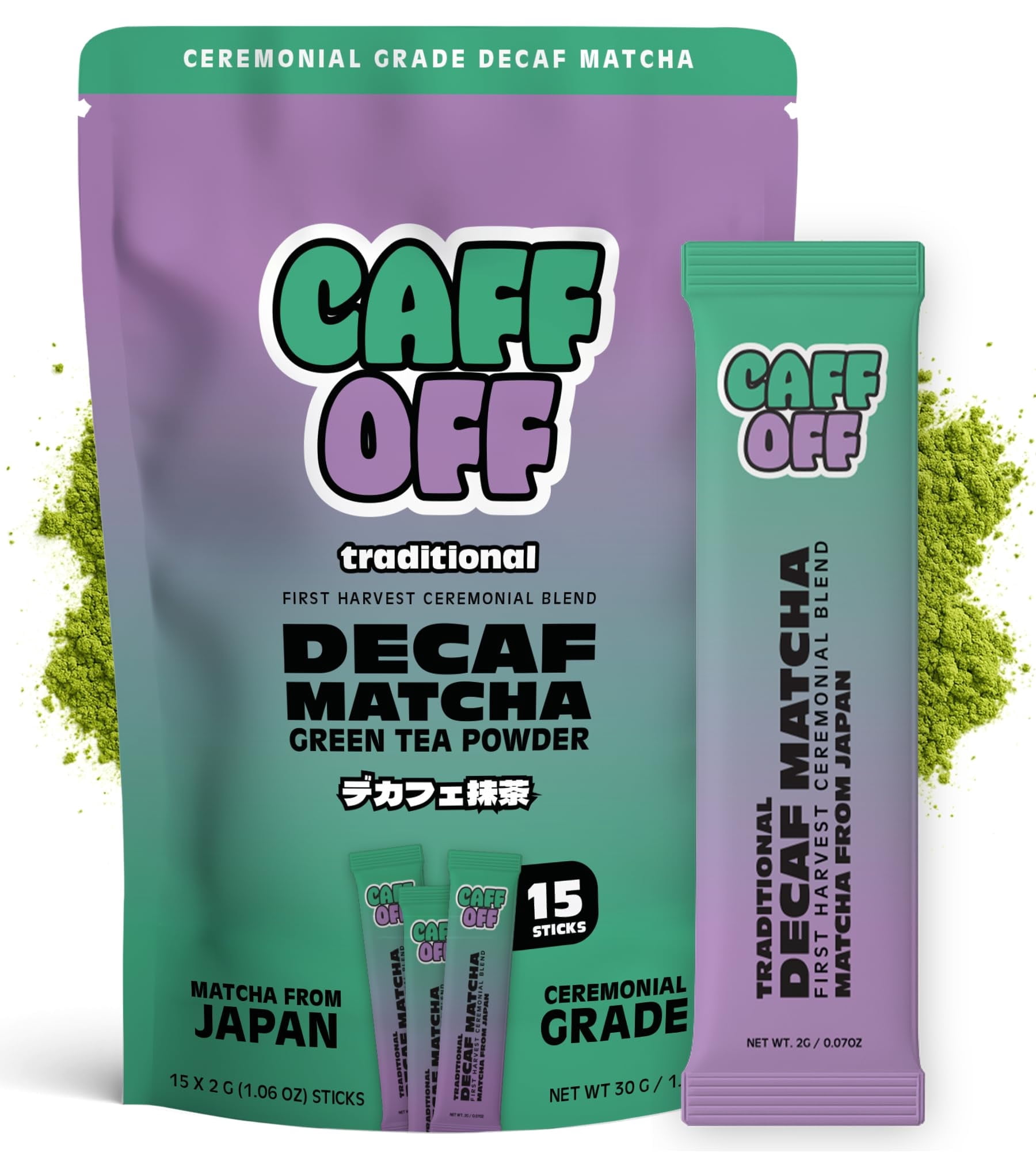 Decaf Matcha Green Tea Powder From Japan - 15 Sticks (2 g each / 30 g ...