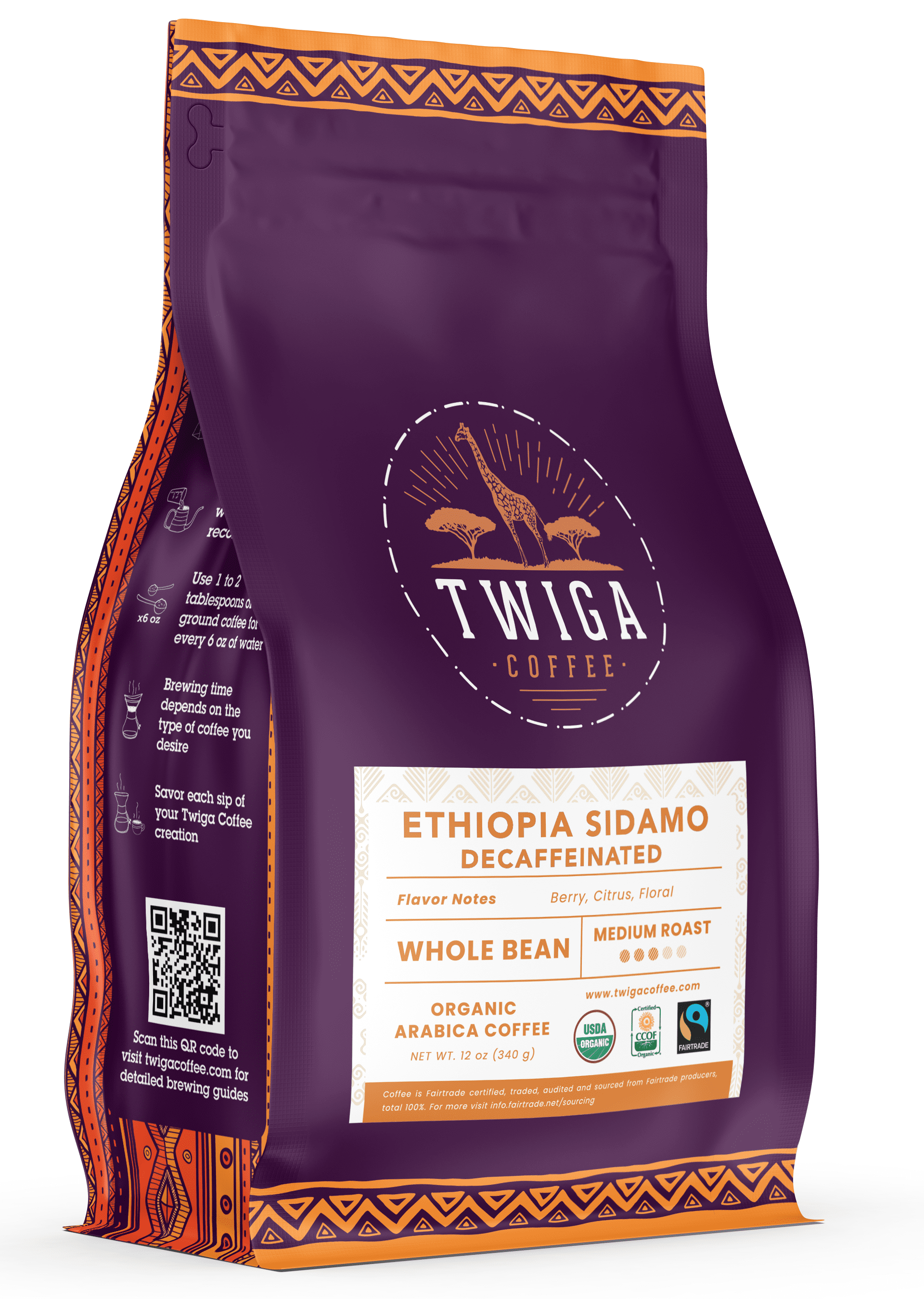 Decaffeinated Ethiopia Sidamo Coffee | USDA Organic | Fairtrade | Medium Roast | Whole Bean | 12 ...