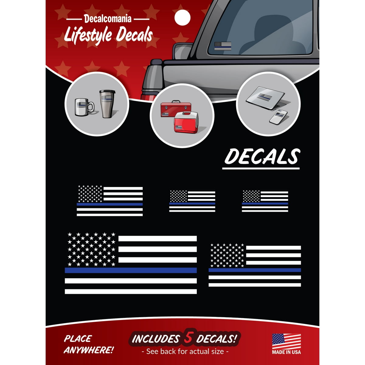 Decalcomania Thin Blue Line Flag Decals For Cars - Set of 5 Stickers ...