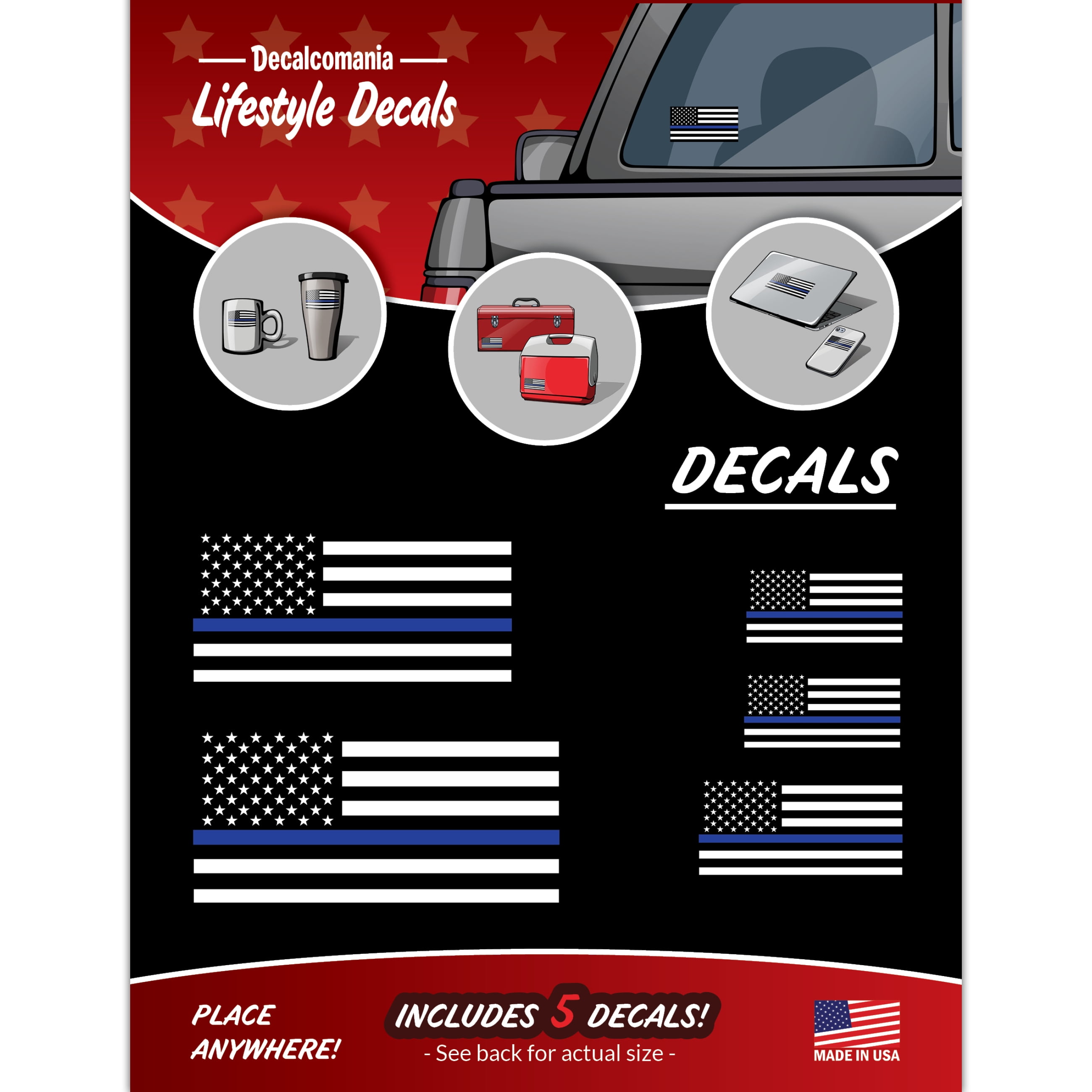Decalcomania Thin Blue Line Flag Decals For Cars Set Of 5 Stickers