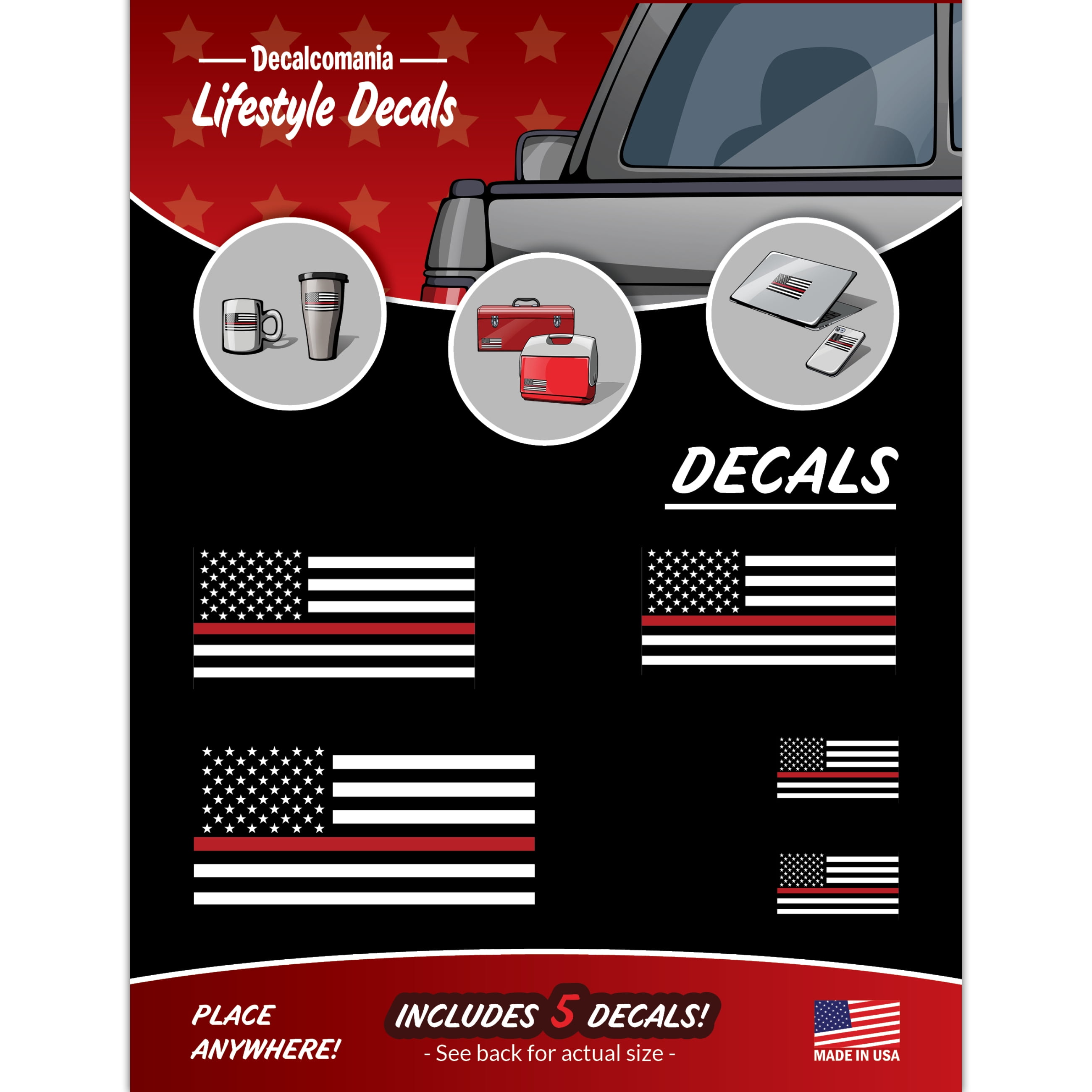 Decalcomania Thin Red Line Flag Decals For Cars - Set of 5 Firefighter ...