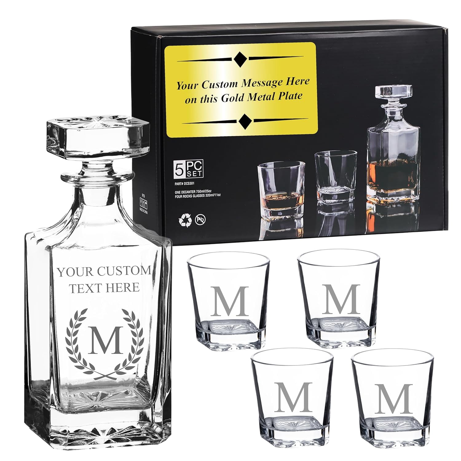 Decanter Set, Engraved Whiskey Decanter Set, 5 Piece Set - Decanter and ...