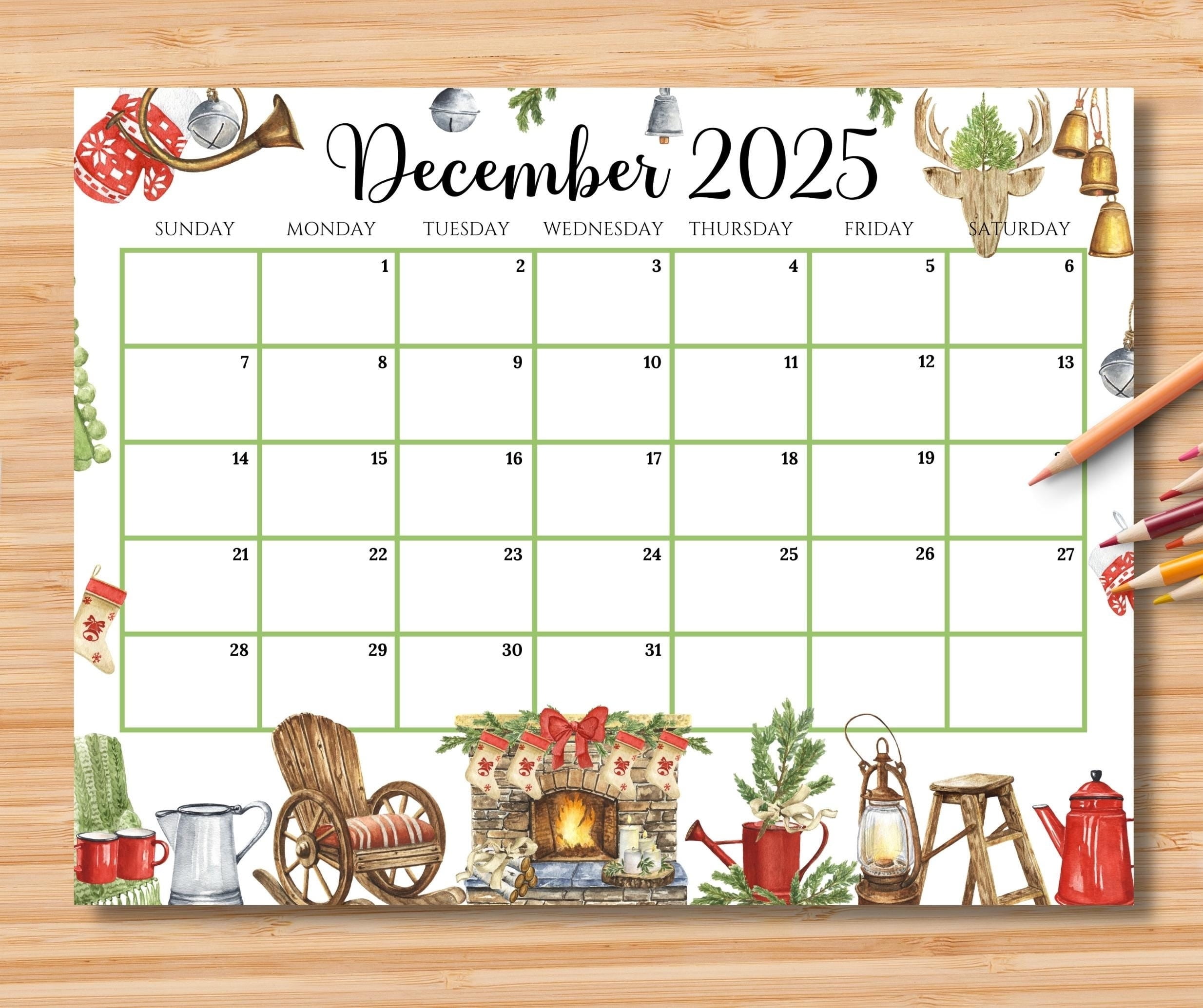 December 2025 Calendar Christmas Farmhouse Decor Cozy Monthly Calendar ...