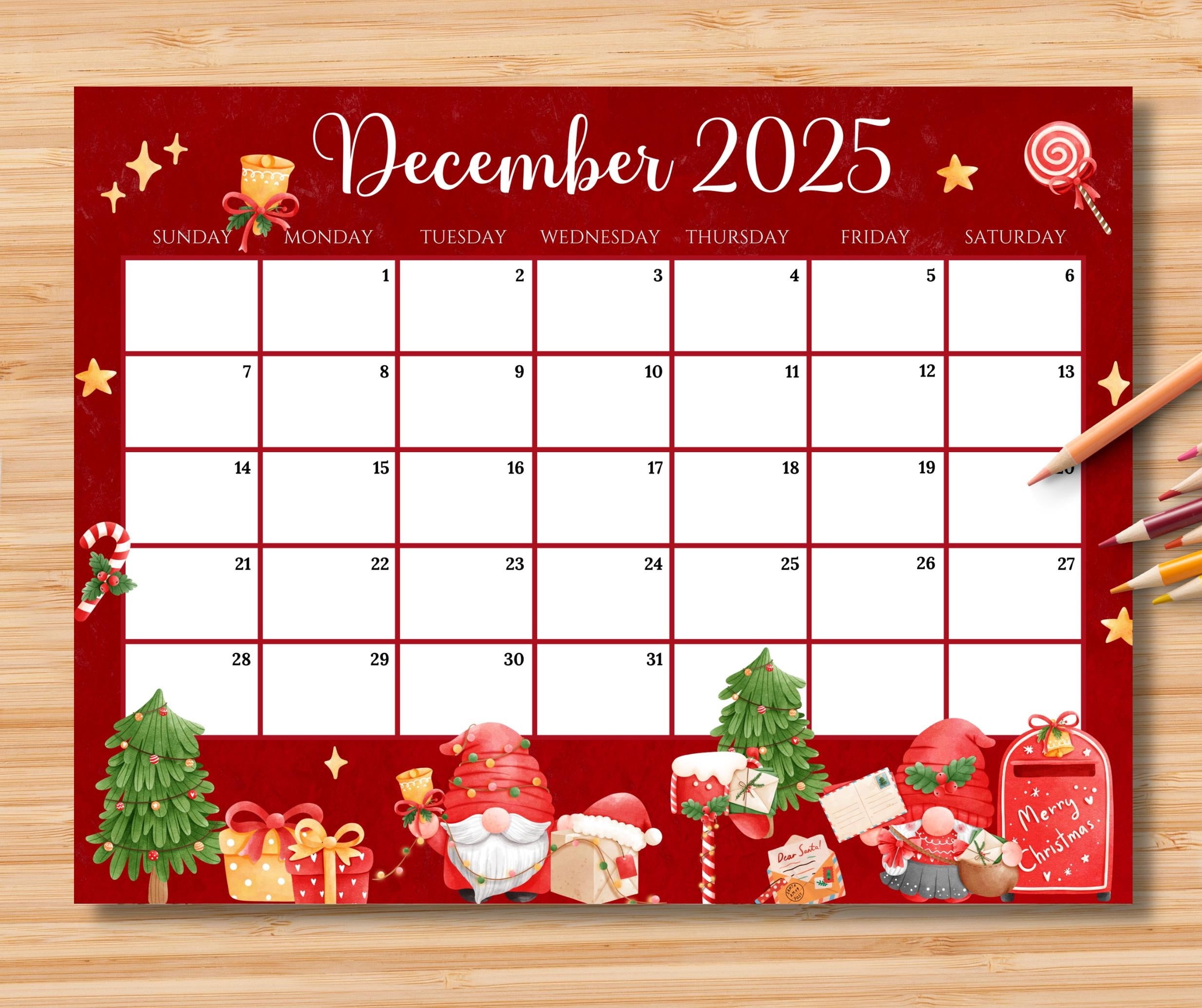 December 2025 Calendar Christmas Mail Gnomes Bright and Cheerful ...