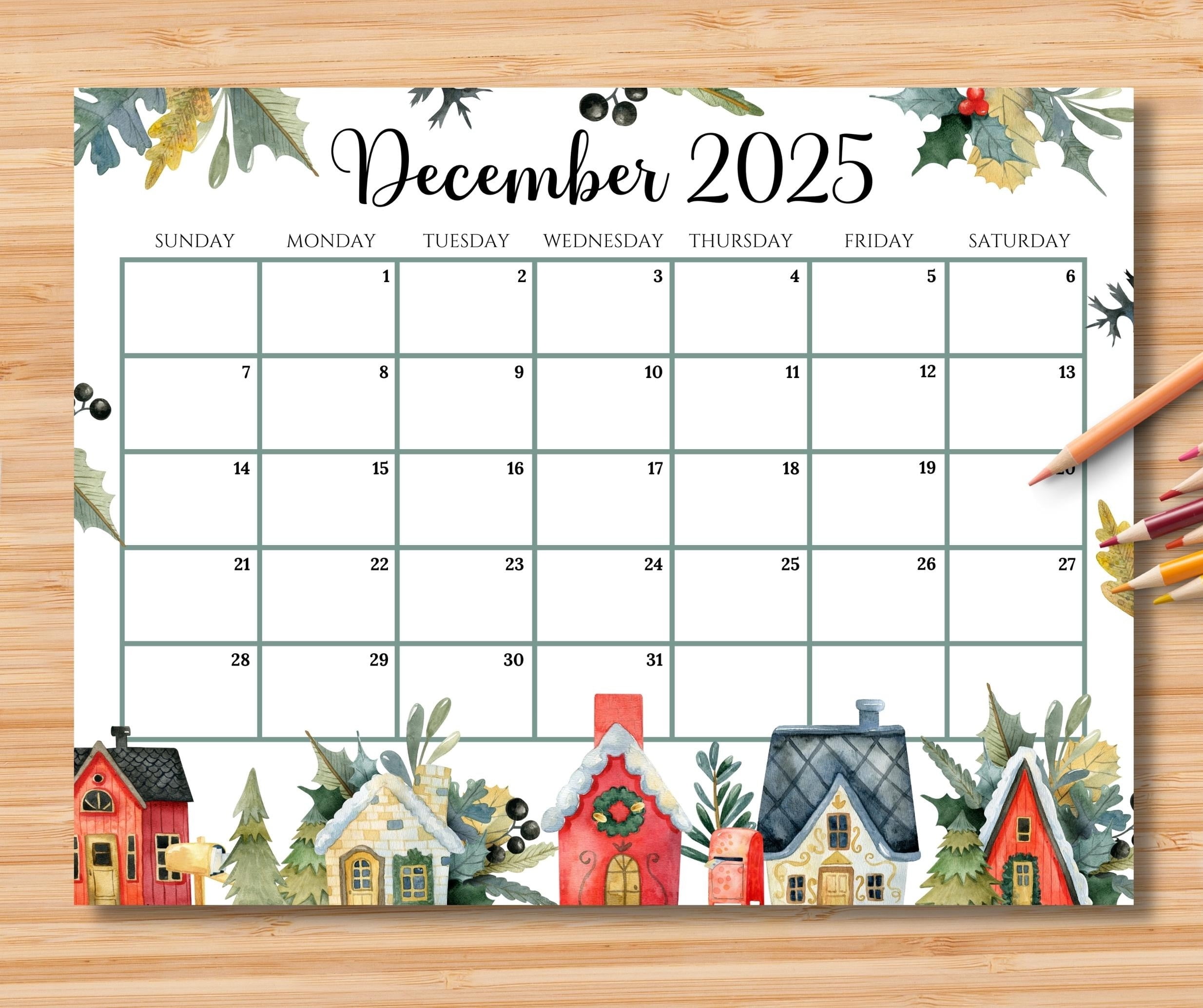 December 2025 Calendar Colorful Christmas Theme Elegant Monthly Holiday ...
