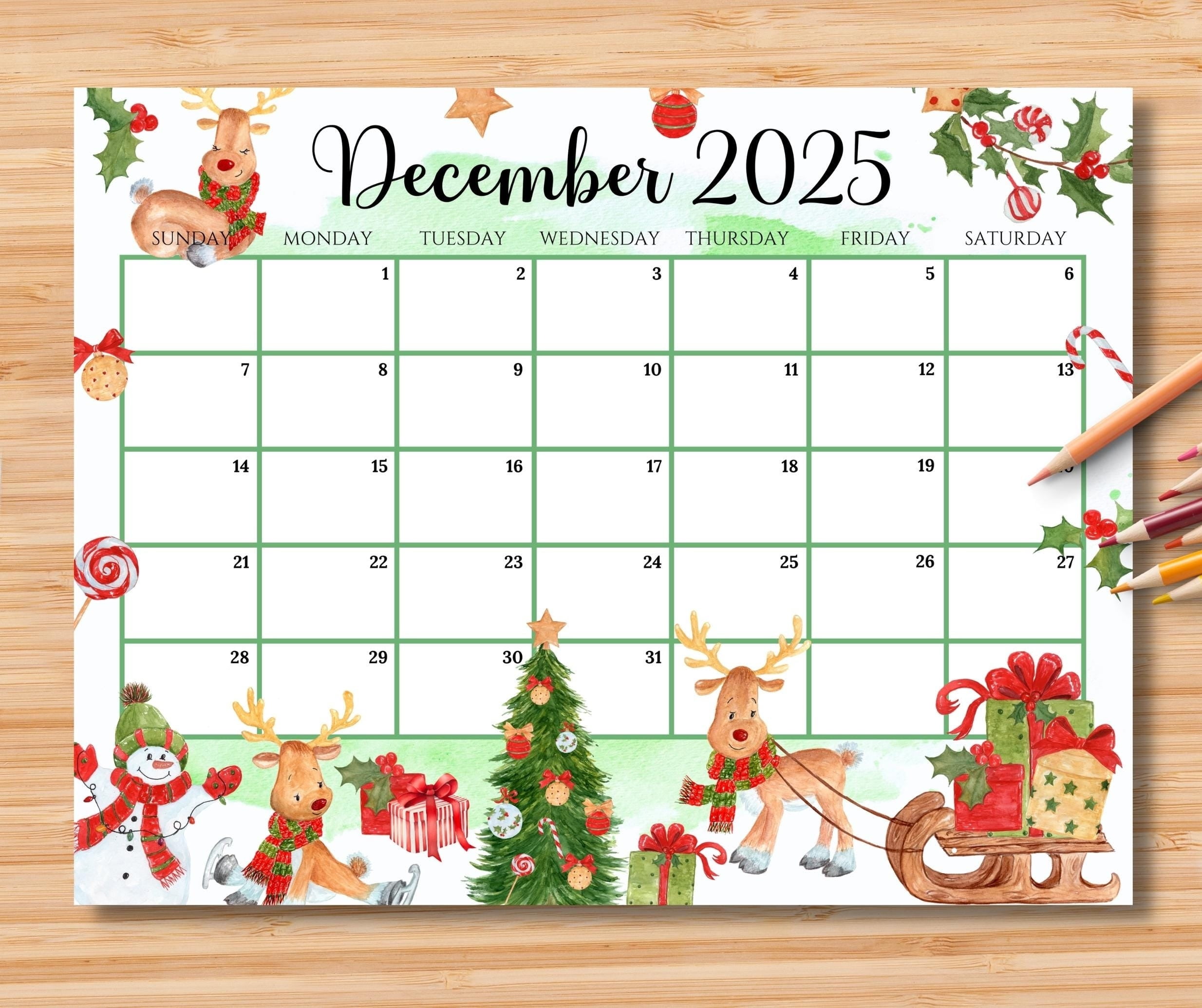 December 2025 Calendar Colorful Christmas with Reindeers Festive ...
