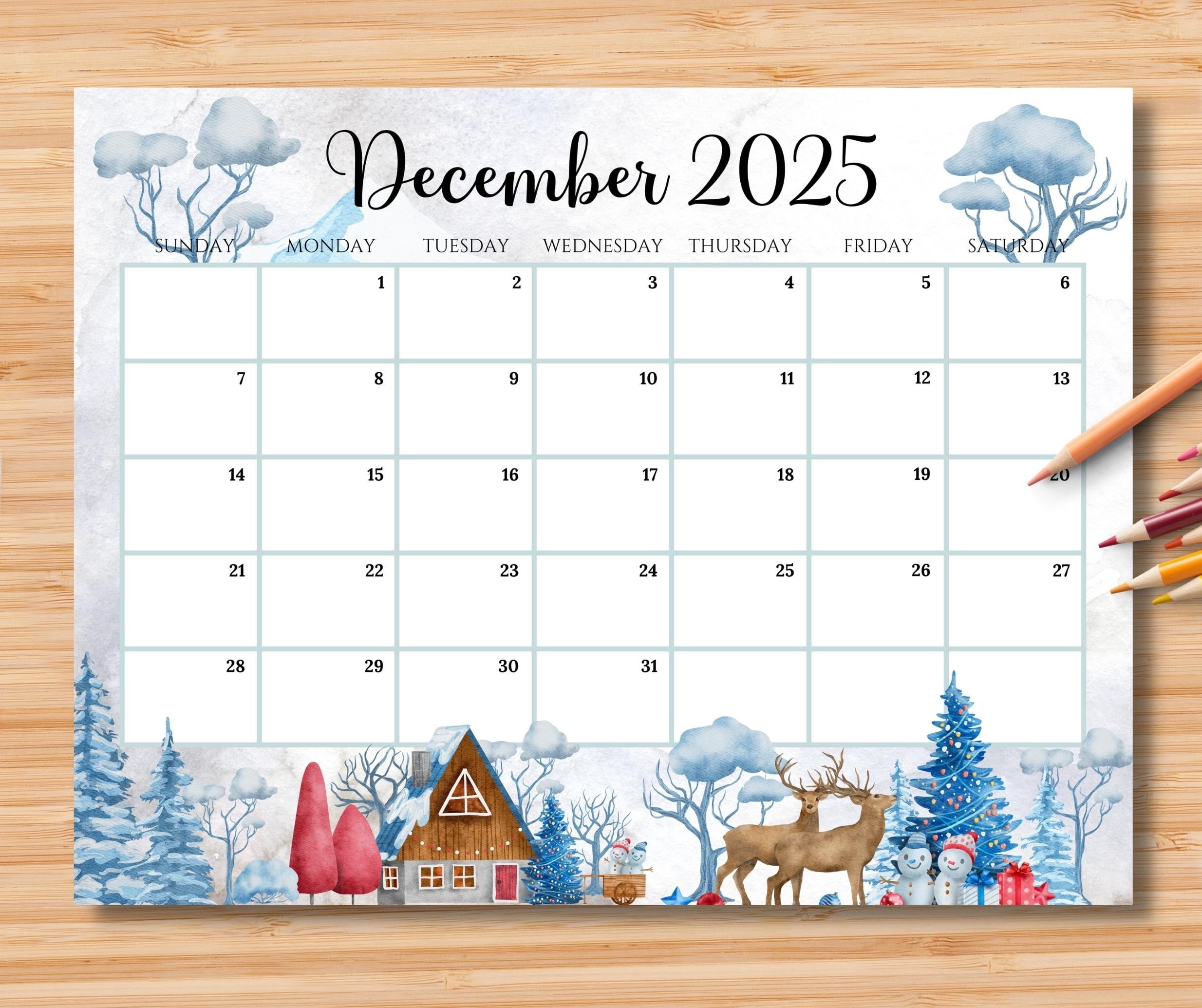 December 2025 Calendar Winter Highland Scene Cozy Monthly Calendar for ...