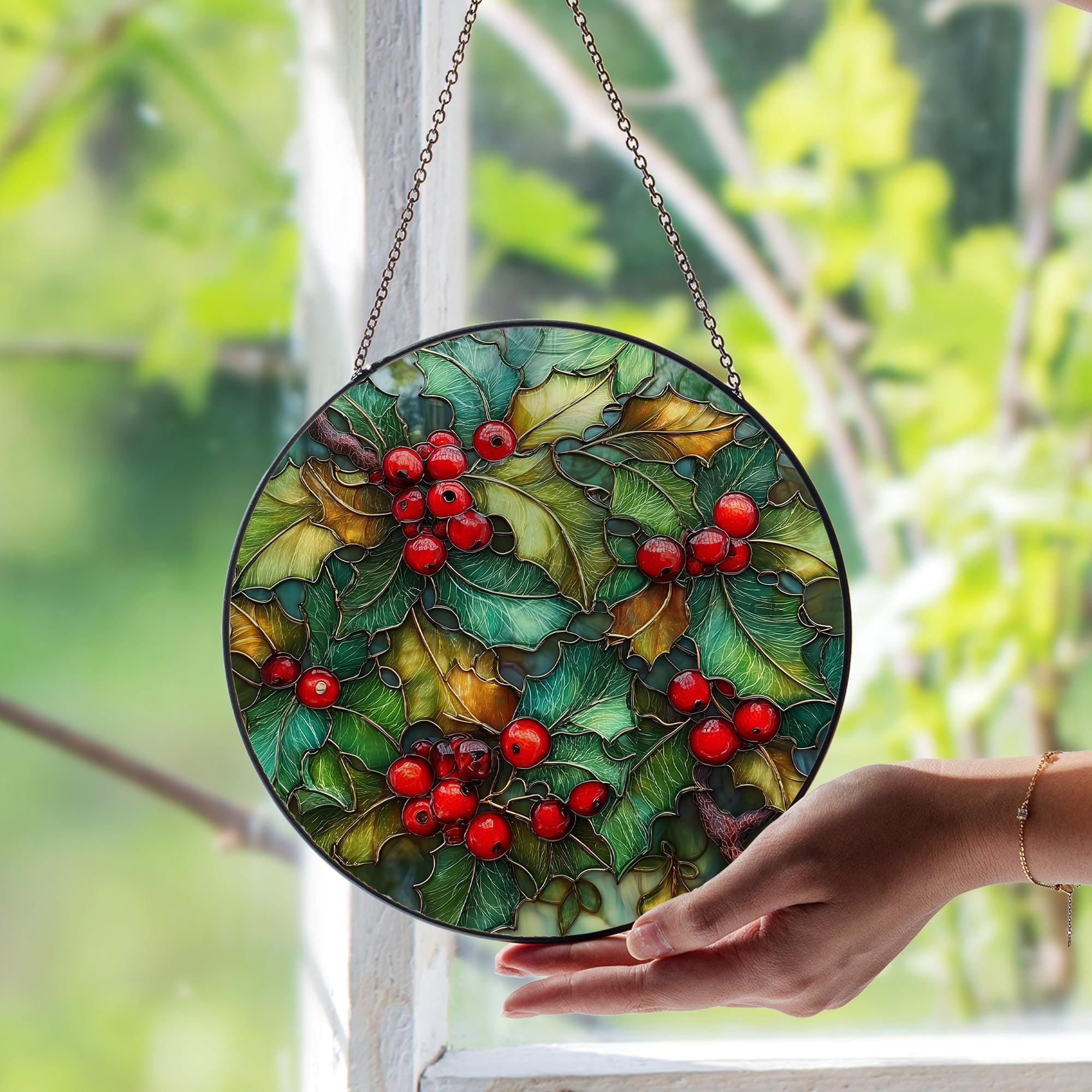 December Birth Flower Holly Berry Stained Glass Window Suncatcher ...