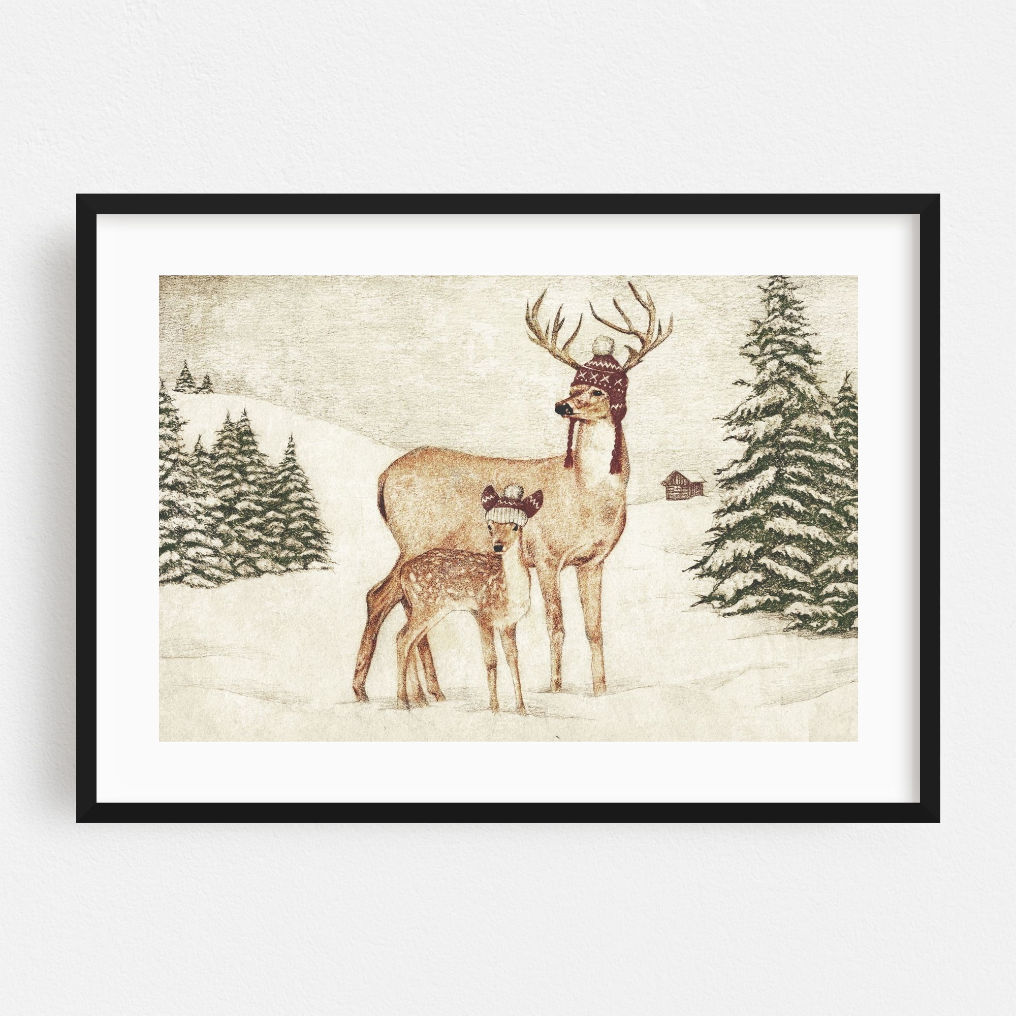 December - Drawing Winter Snow Forest Rustic Nature Scenic Black Framed ...