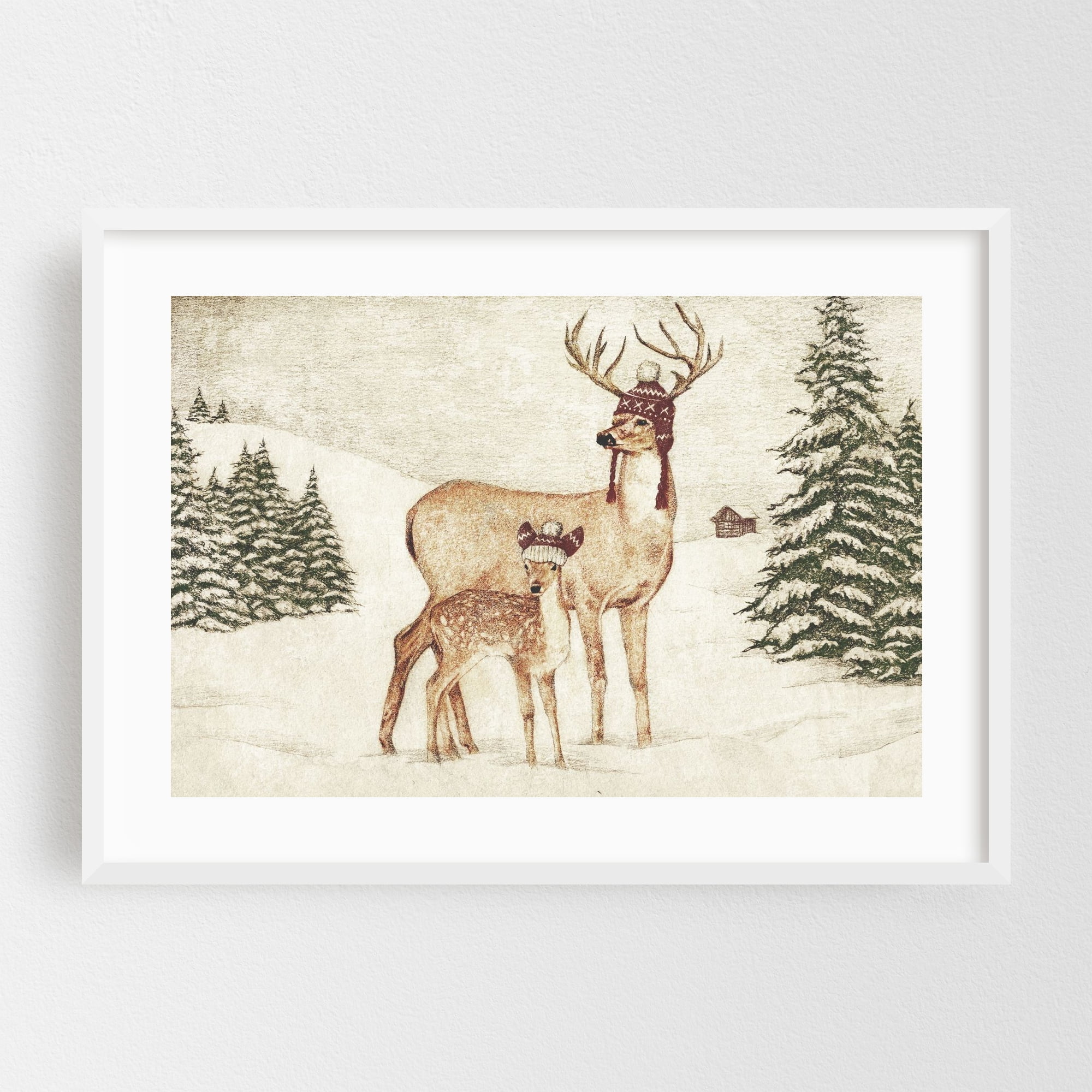 December - Drawing Winter Snow Forest Rustic Nature Scenic White Framed ...