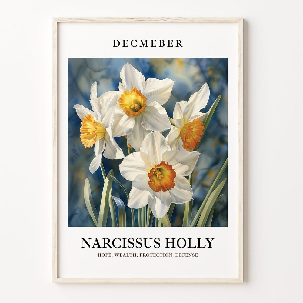 December Flower Poster Print Narcissus Holly 1960S Wall Art Month ...