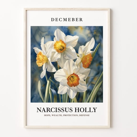 December Flower Poster Print Narcissus Holly 1960S Wall Art Month ...