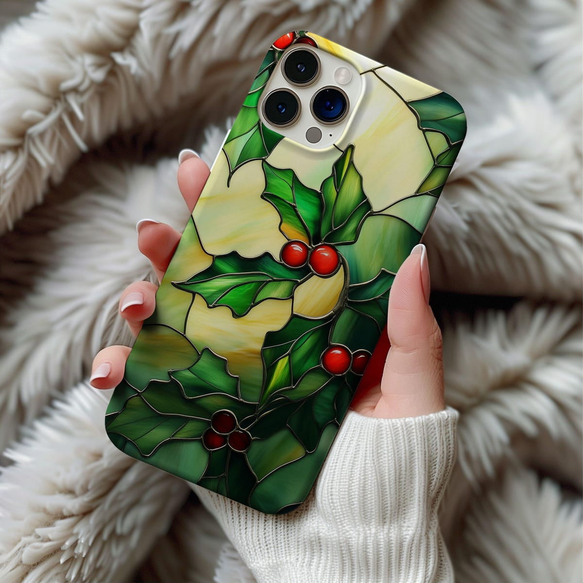 December Holly Stained Glass Floral Phone Case with iPhone 17 to 11 Pro ...