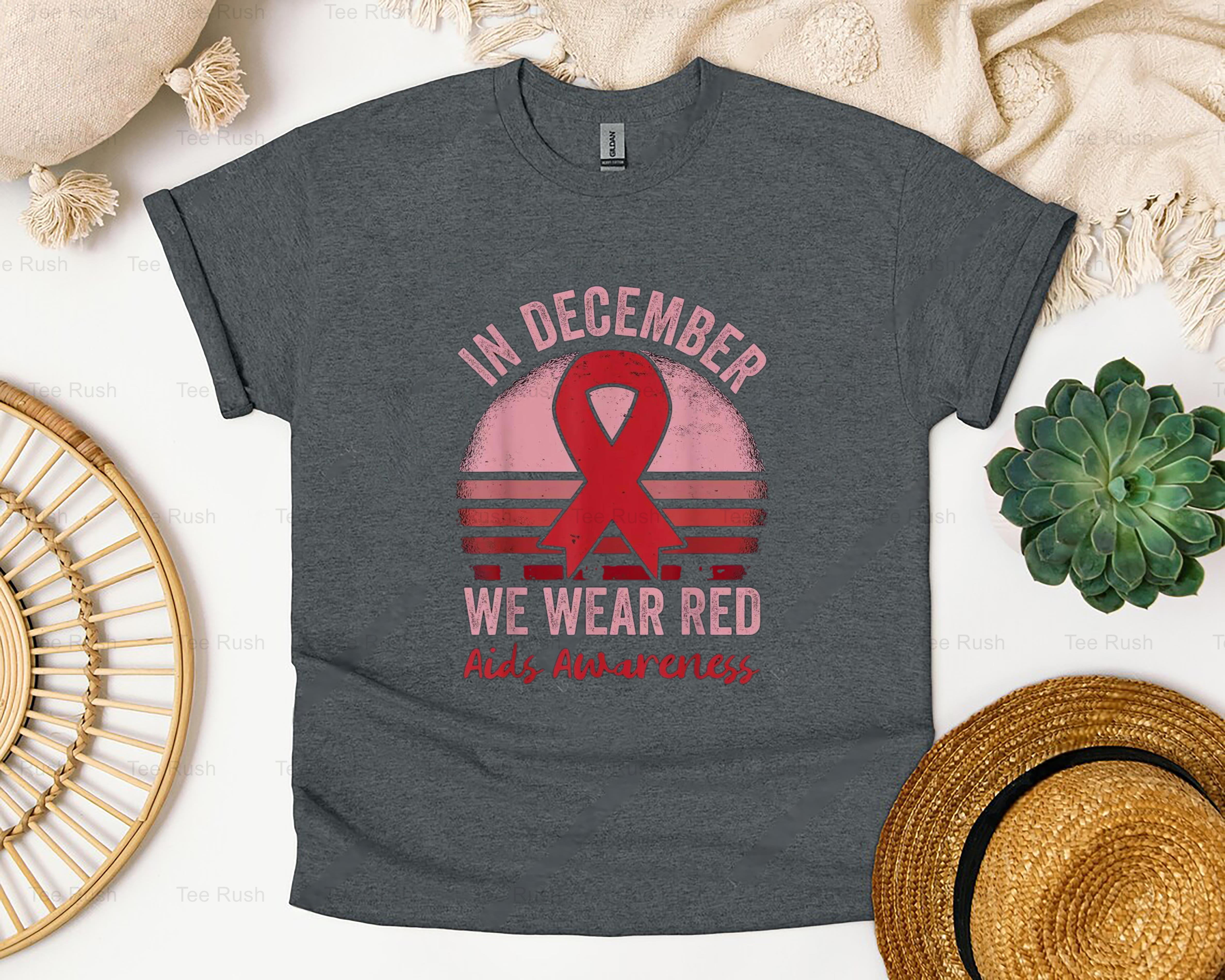 December Wear Red Funny Hiv Aids Awareness Month Ribbon Support Rock,T ...