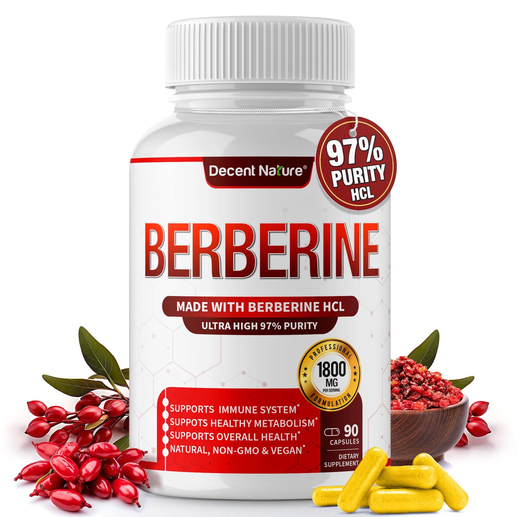 Decent Nature Berberine Supplement 1800mg Berberine HCl 97% Purity 90 ...