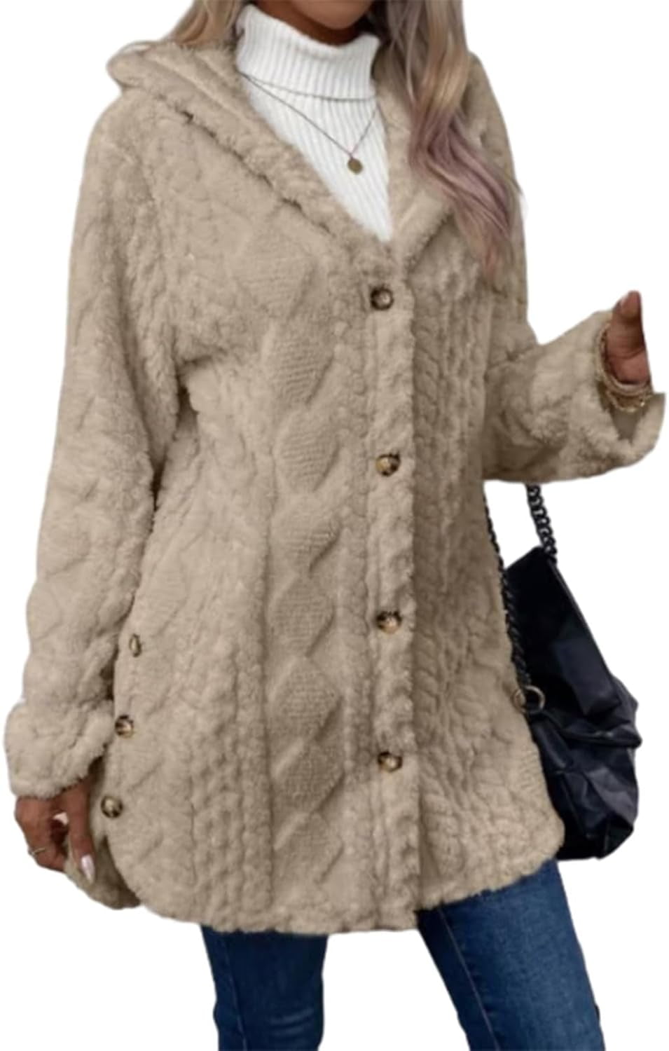 Decentake Women Jacquard Hooded Cardigan Coat, Long Sleeve Warm Knit ...